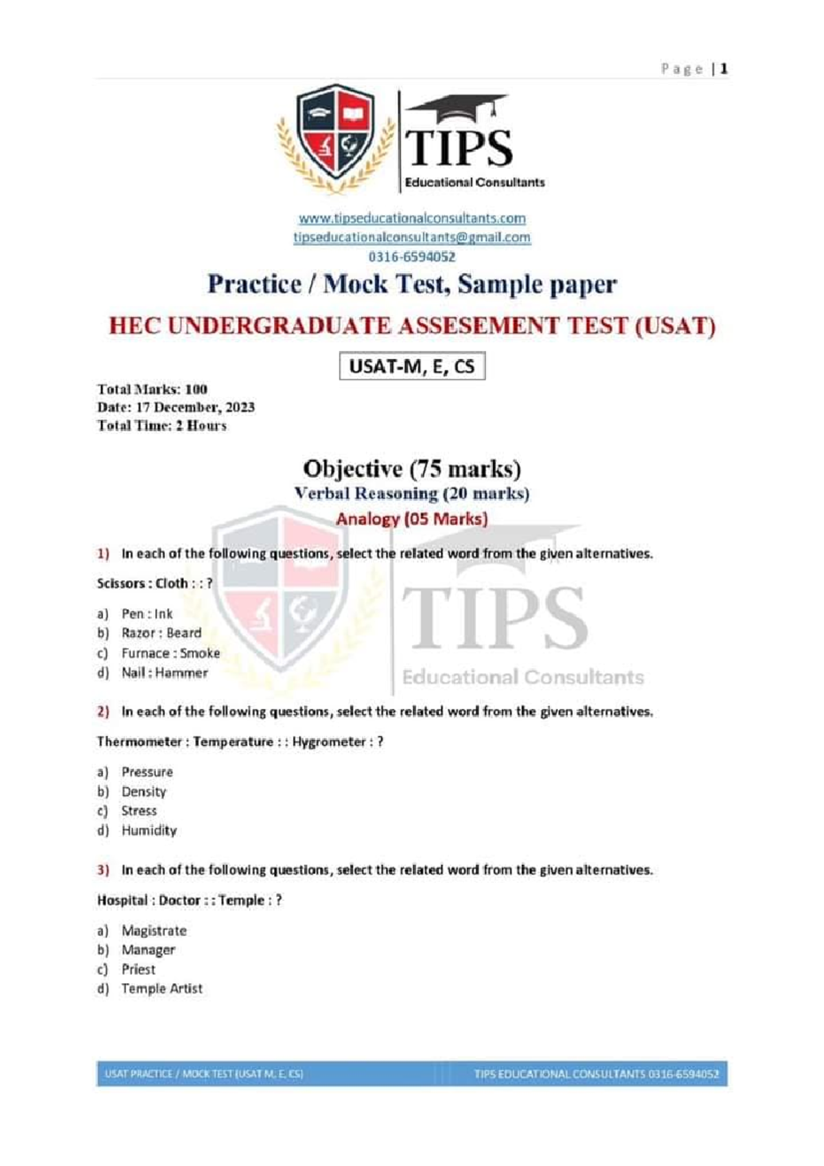 USAT Mock Paper 17 December, 2023 - Page I 1 TIPS Educational ...