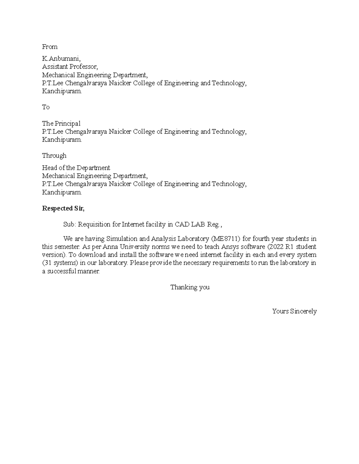 CAD-CAM lab (Internet facility) requirement letter - From K, Assistant ...