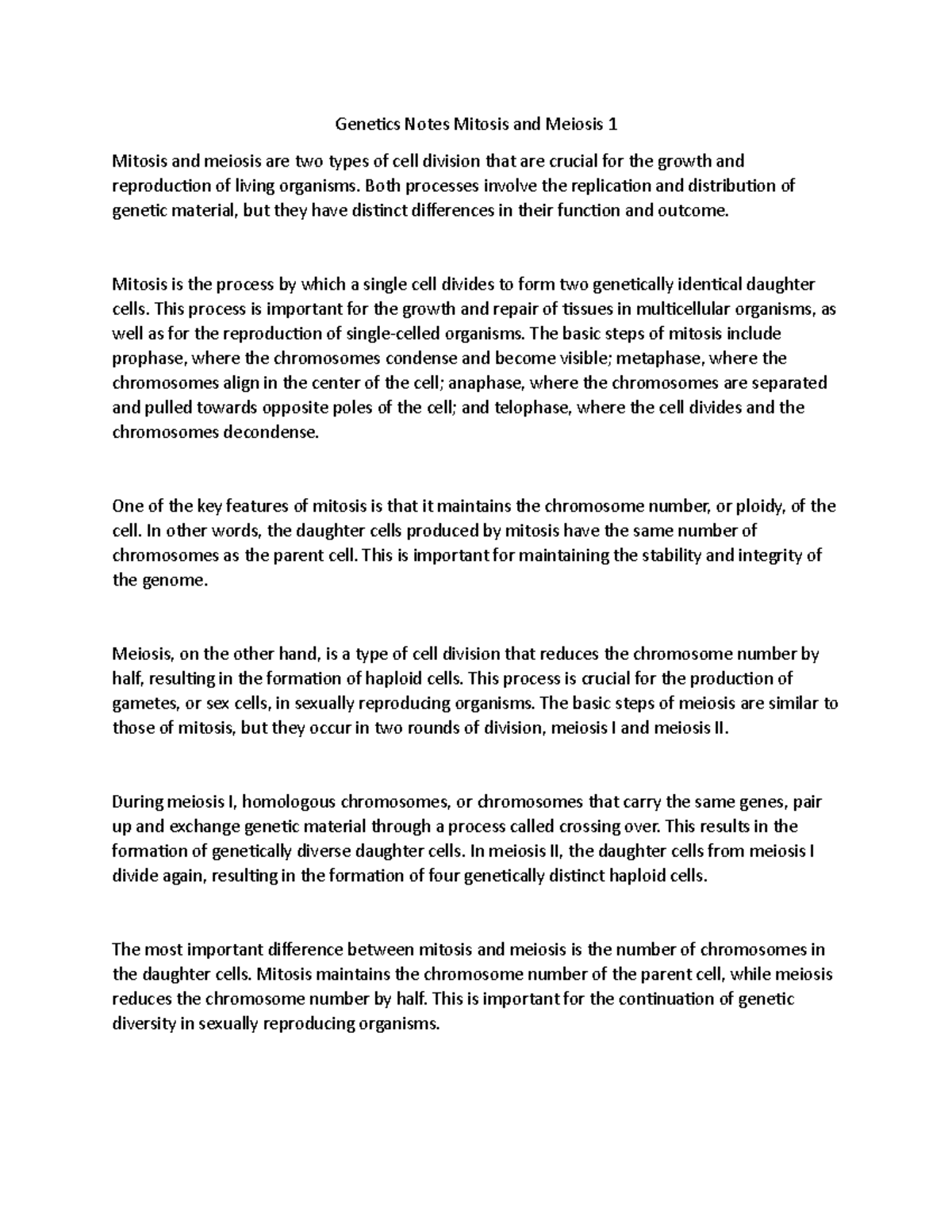 Genetics Notes Mitosis and Meiosis 1 - Both processes involve the ...