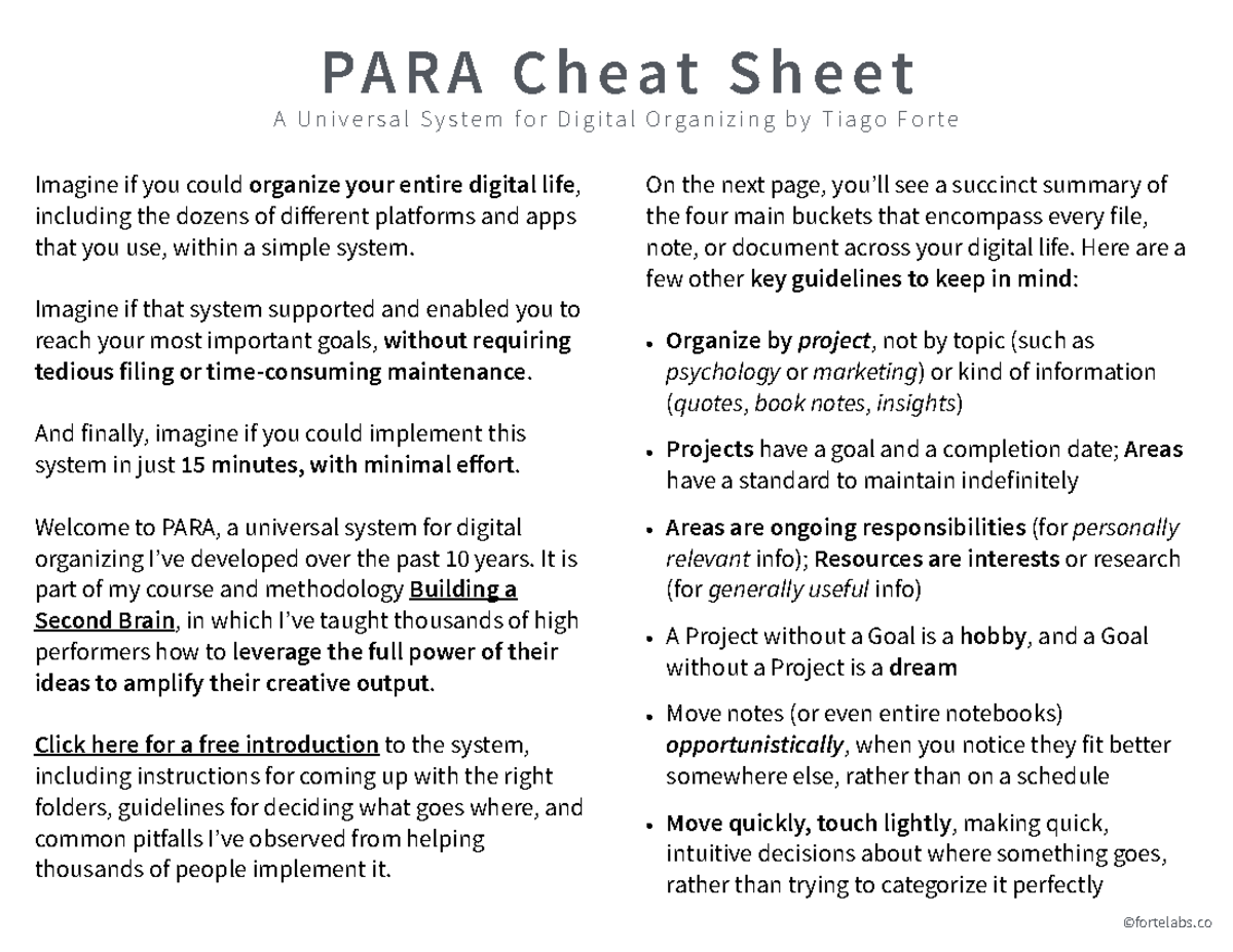 PARA Cheat Sheet - Important - P A R A C h e a t S h e e t A U n i v e r s a l S y s t e m f o r ...