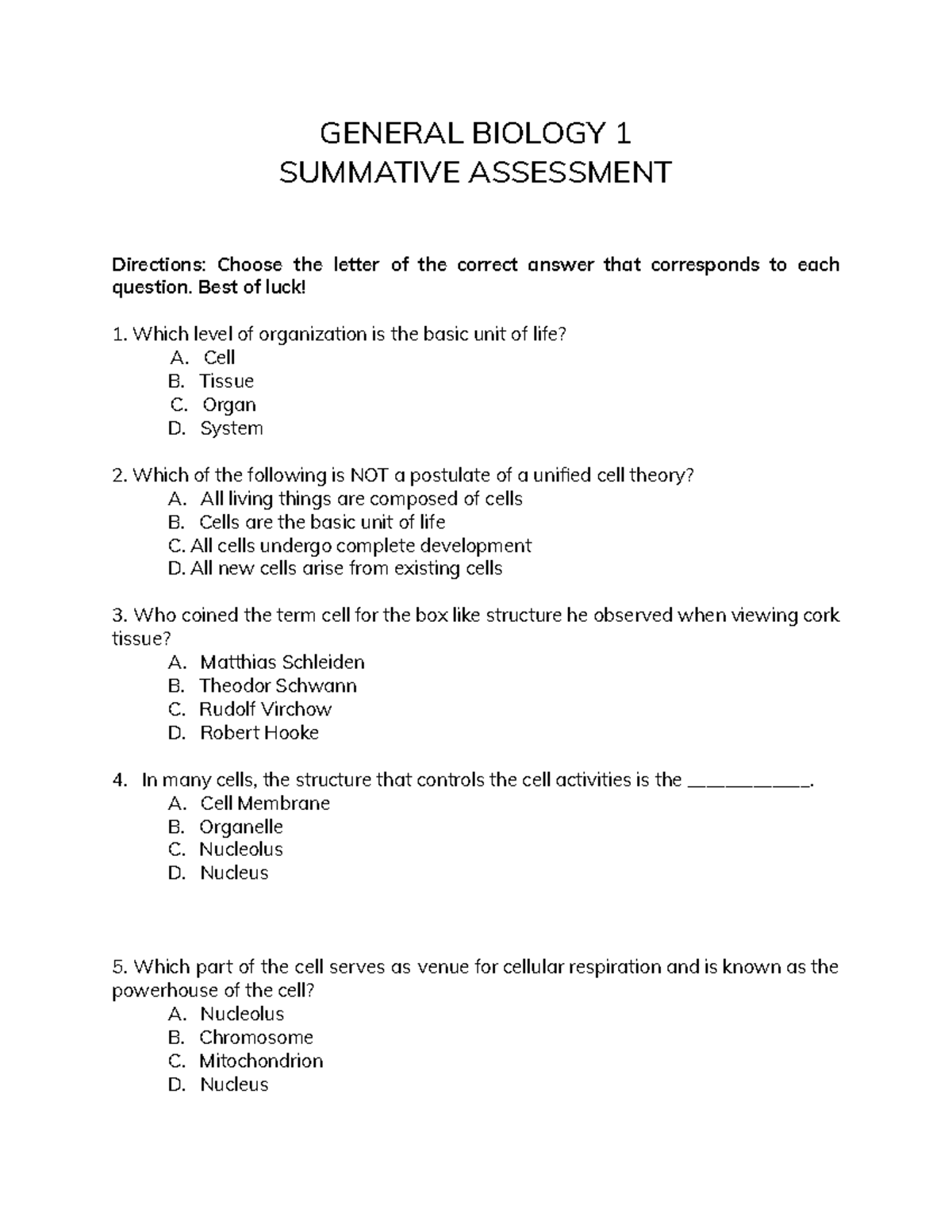 Genbio 1 Summative Assessment - GENERAL BIOLOGY 1 SUMMATIVE ASSESSMENT ...