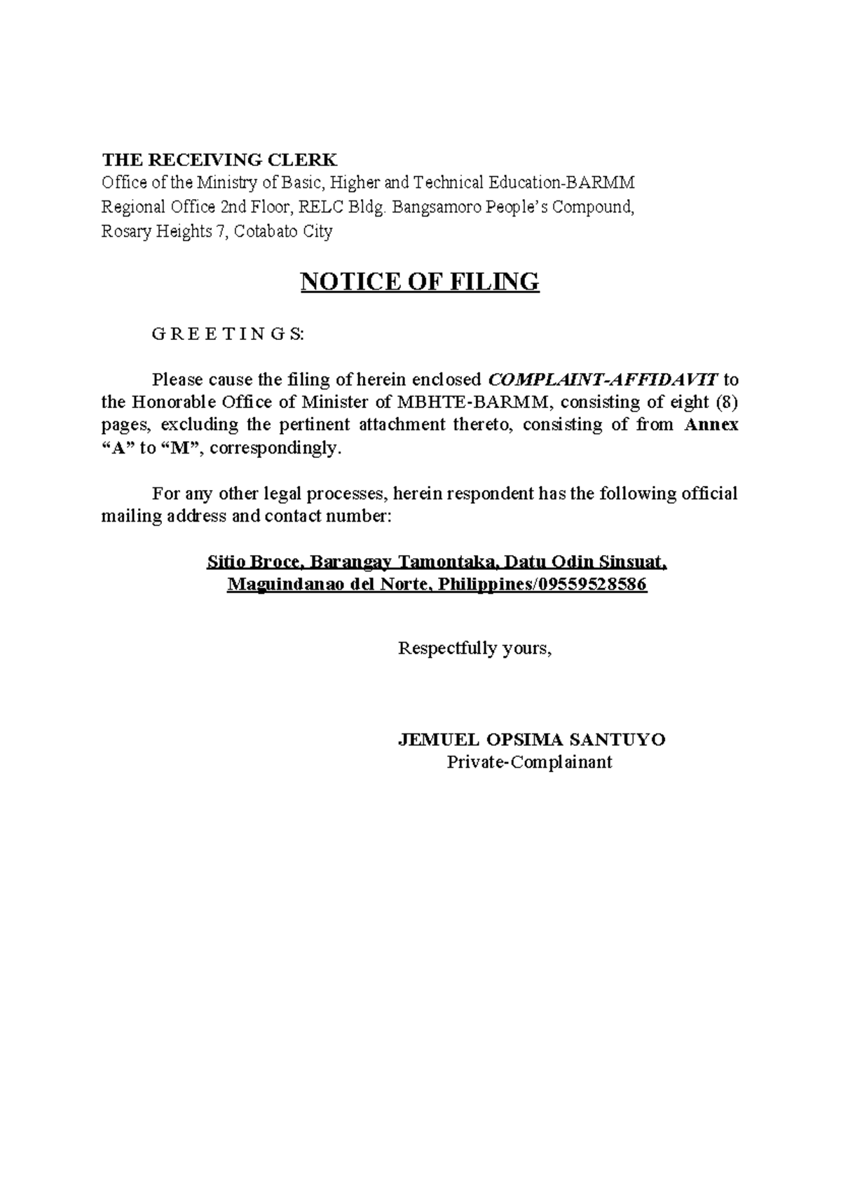 Notice of Filing Mbhte- Barmm - THE RECEIVING CLERK Office of the ...