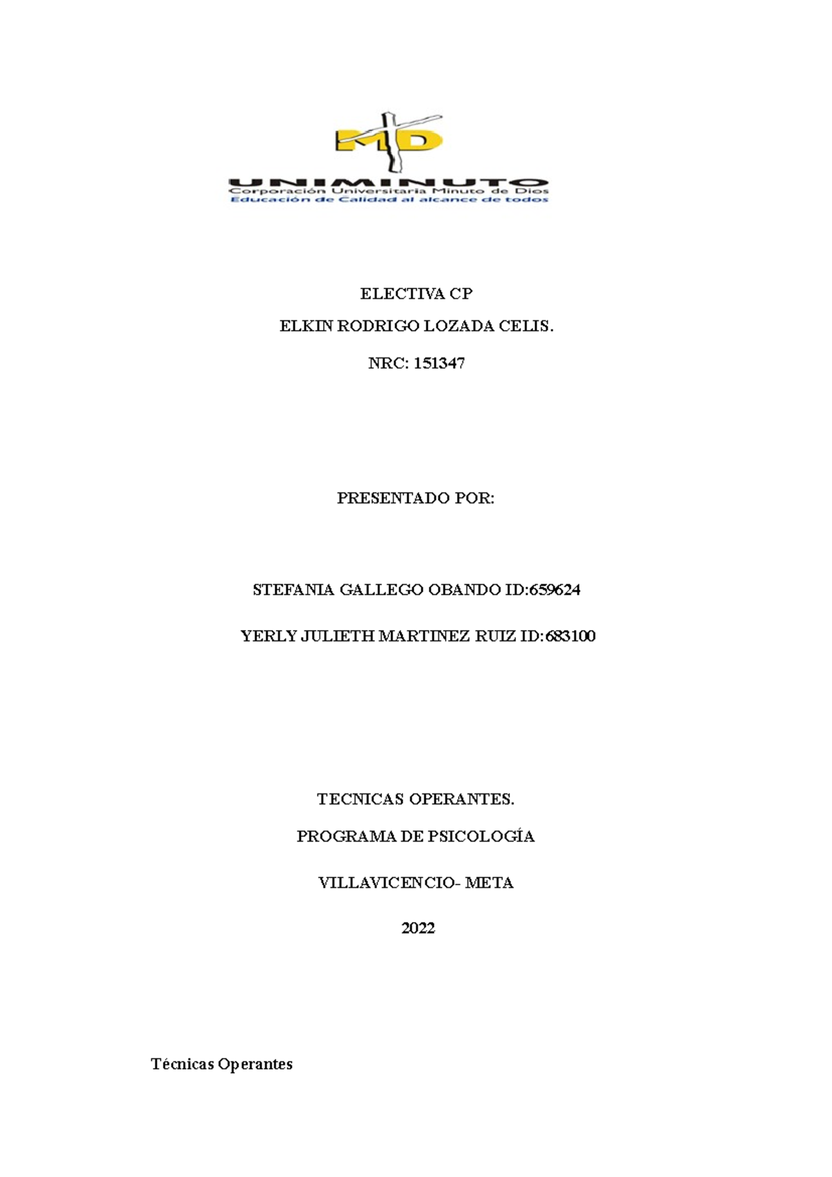 Técnicas operantes - trabajos de decimo semestre - ELECTIVA CP ELKIN ...