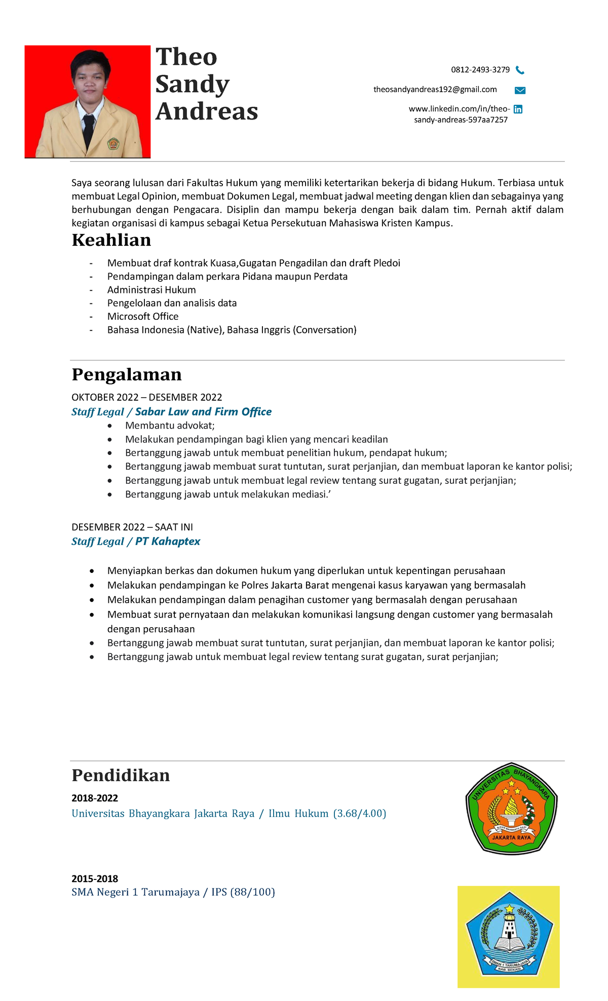 CV THEO Sandy Andreas JUNI 2023 - Pendidikan 2018 - 2022 Universitas Bhayangkara Jakarta Raya ...
