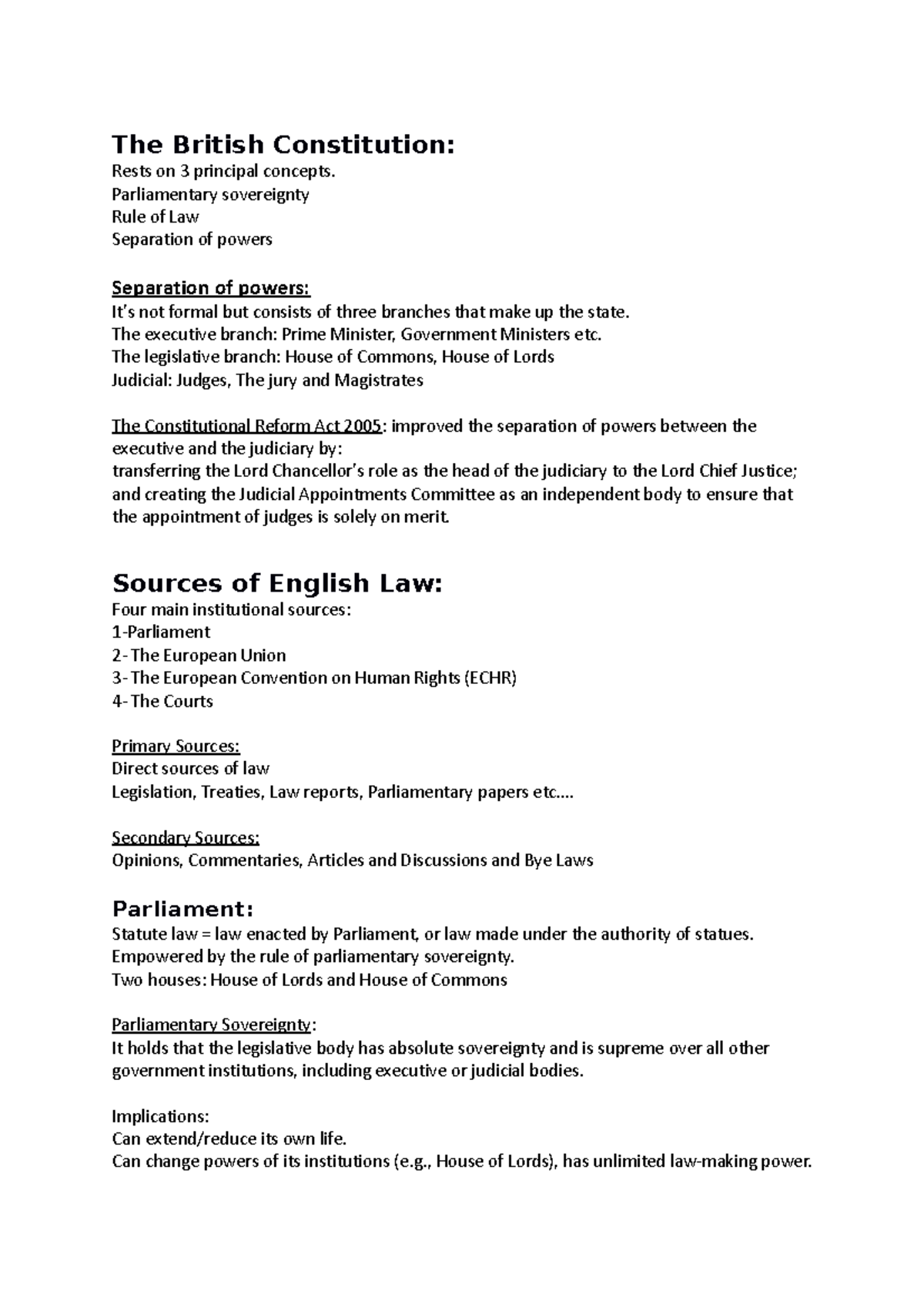 Complete Notes - The British Constitution: Rests on 3 principal ...