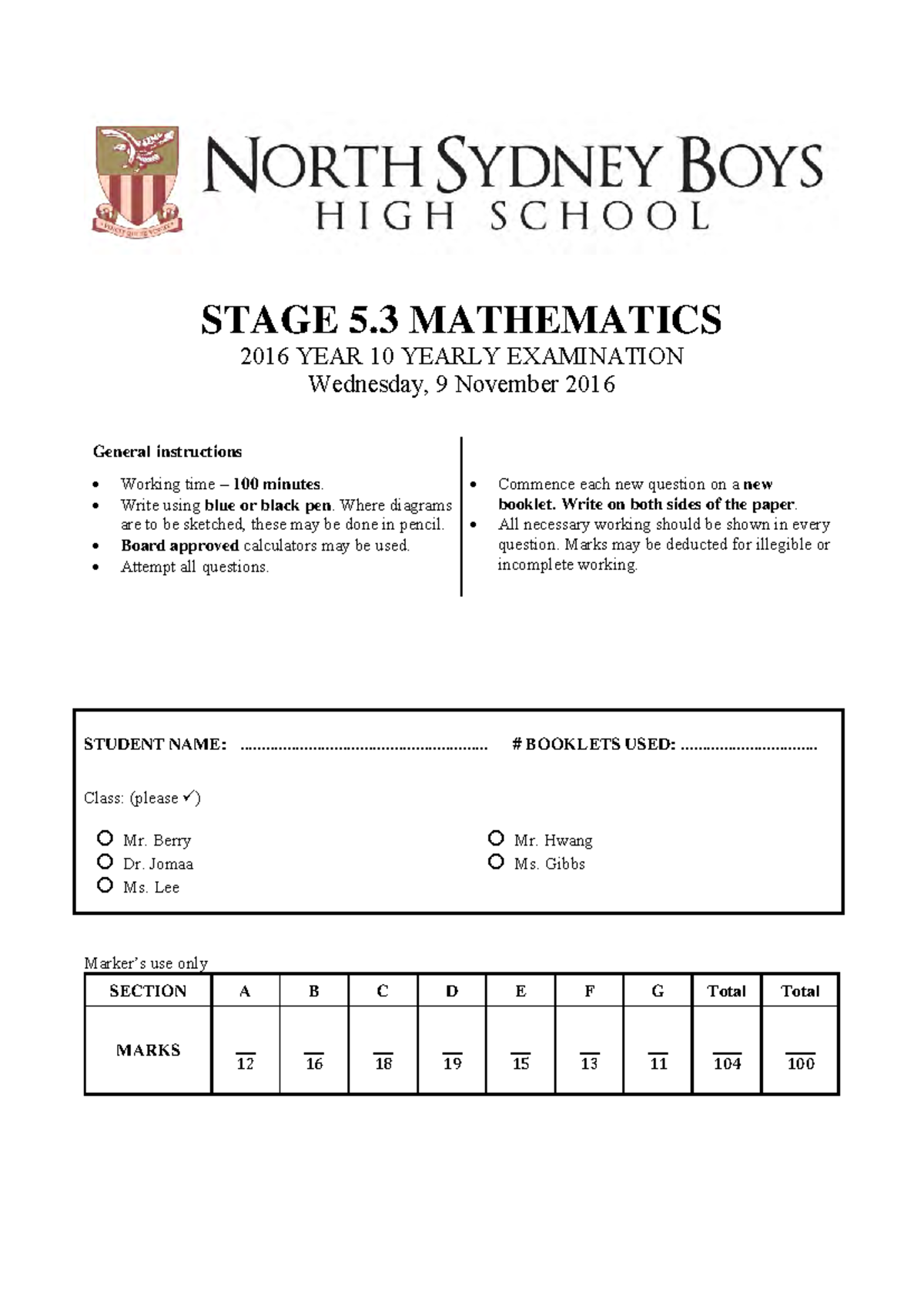 2016 Maths 2 - STAGE 5 MATHEMATICS 2016 YEAR 10 YEARLY EXAMINATION ...
