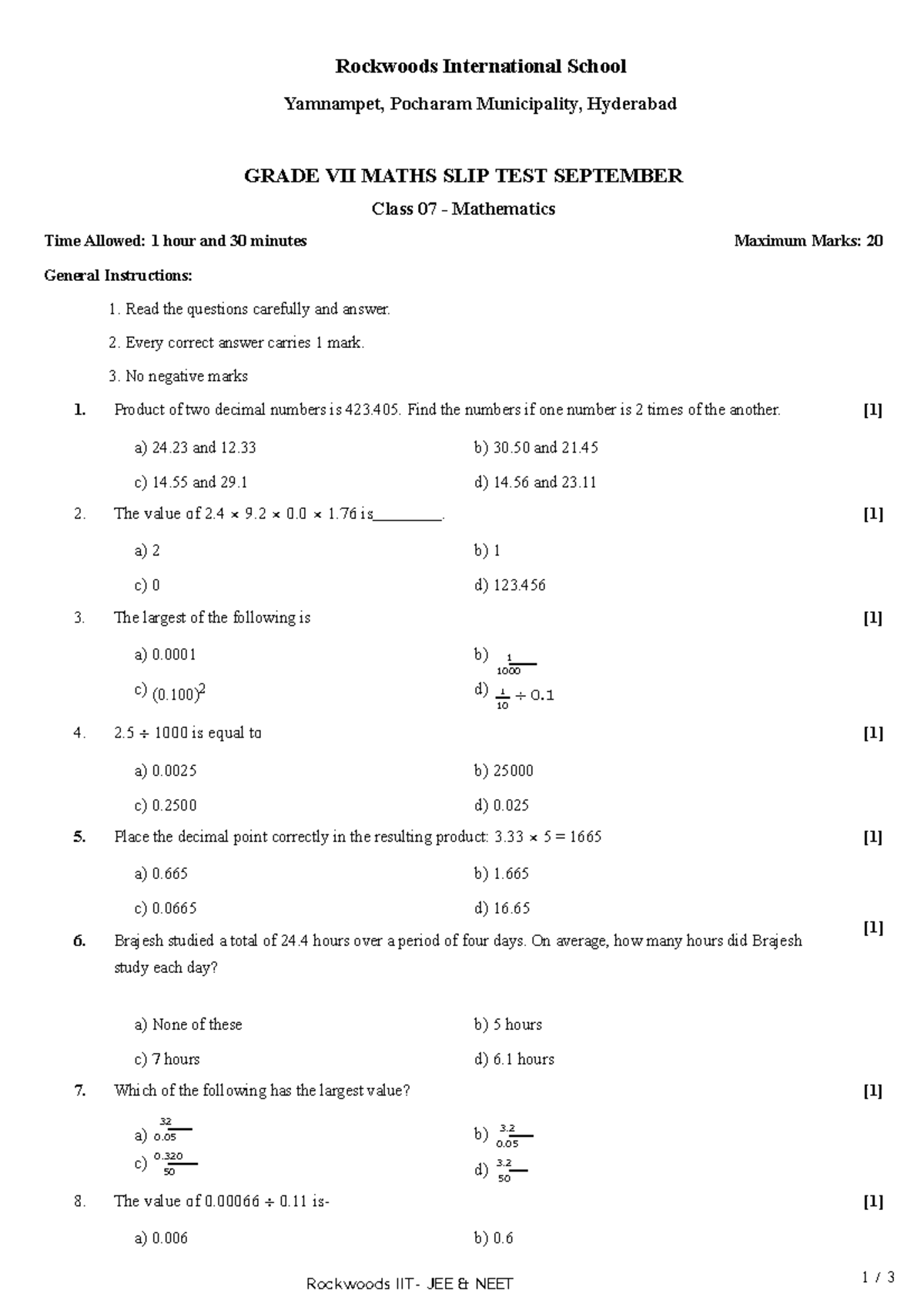 Grade VII Maths SLIP TEST SEP - Rockwoods IIT- JEE & NEET 1 / 3 ...