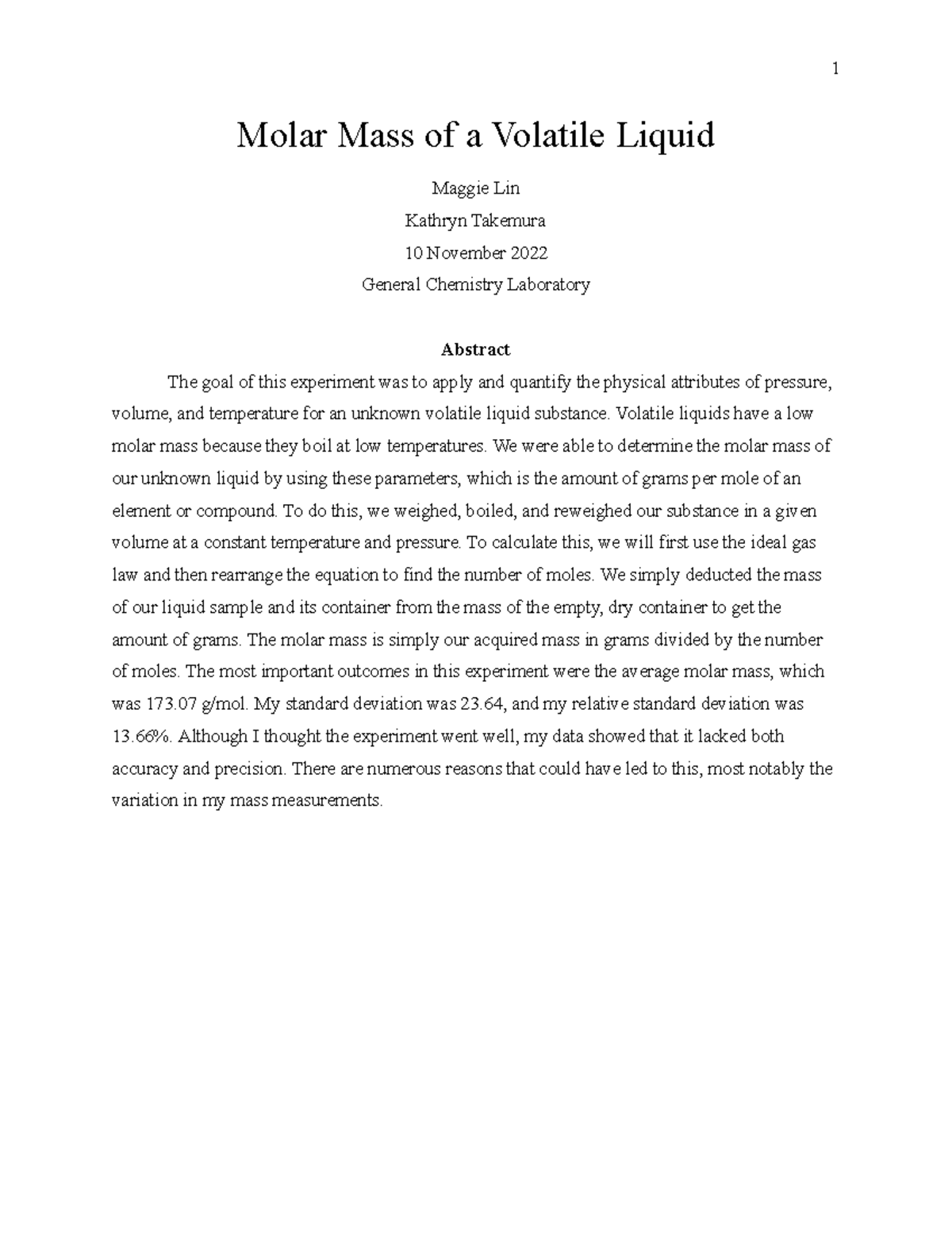Experiment 12 Chem Lab Report - Molar Mass of a Volatile Liquid Maggie ...