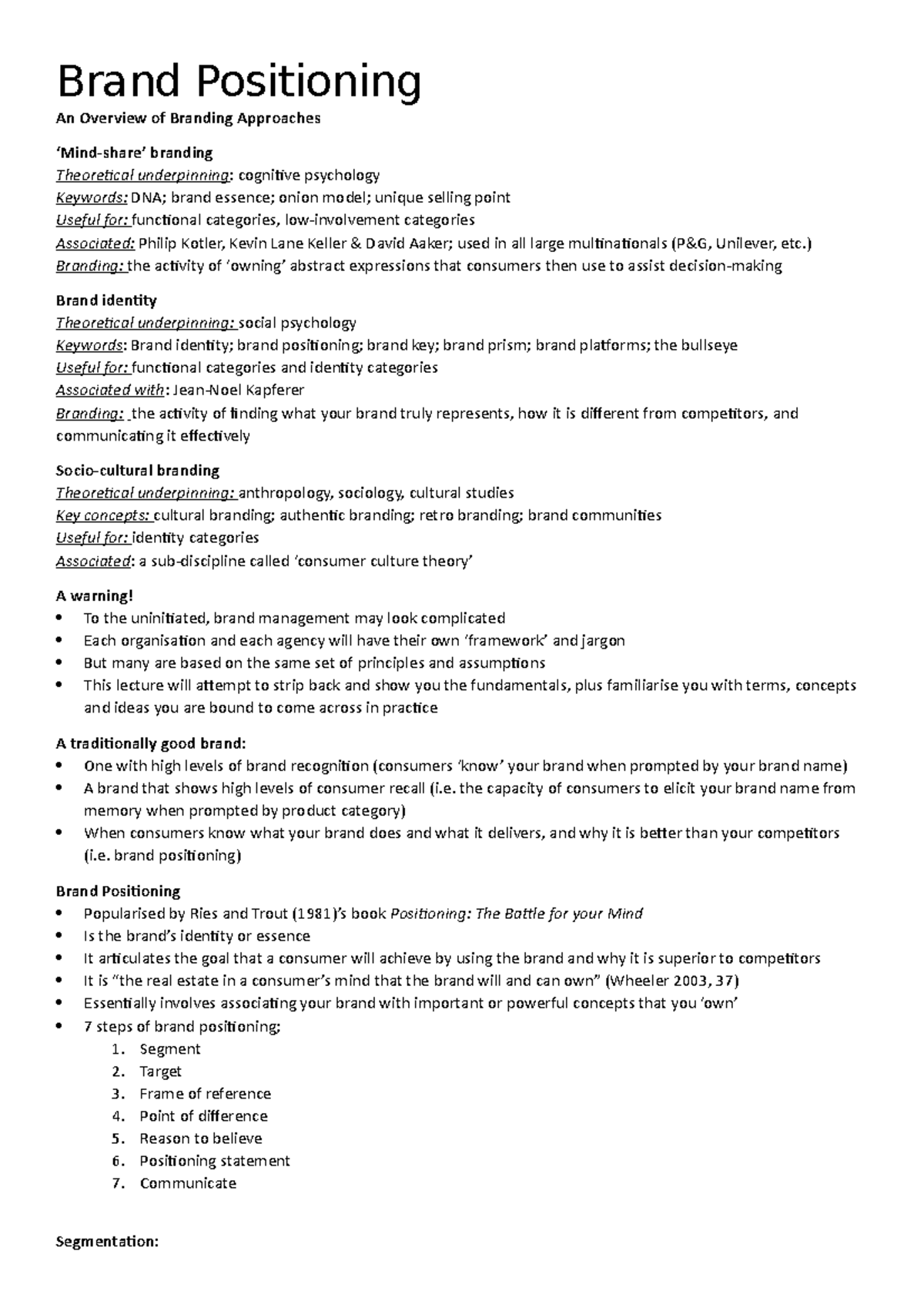 Lec2 - Brand Positioning - Brand Positioning An Overview of Branding ...