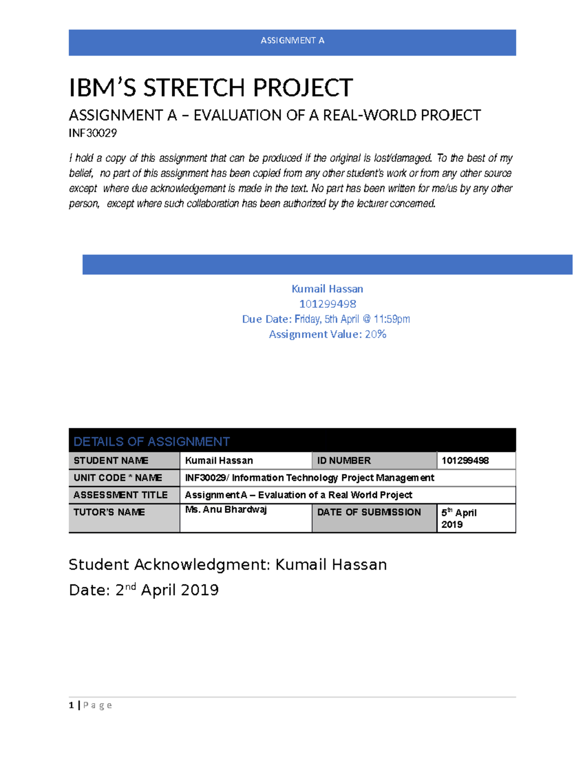 Assignment A - ASSIGNMENT A IBM’S STRETCH PROJECT ASSIGNMENT A ...