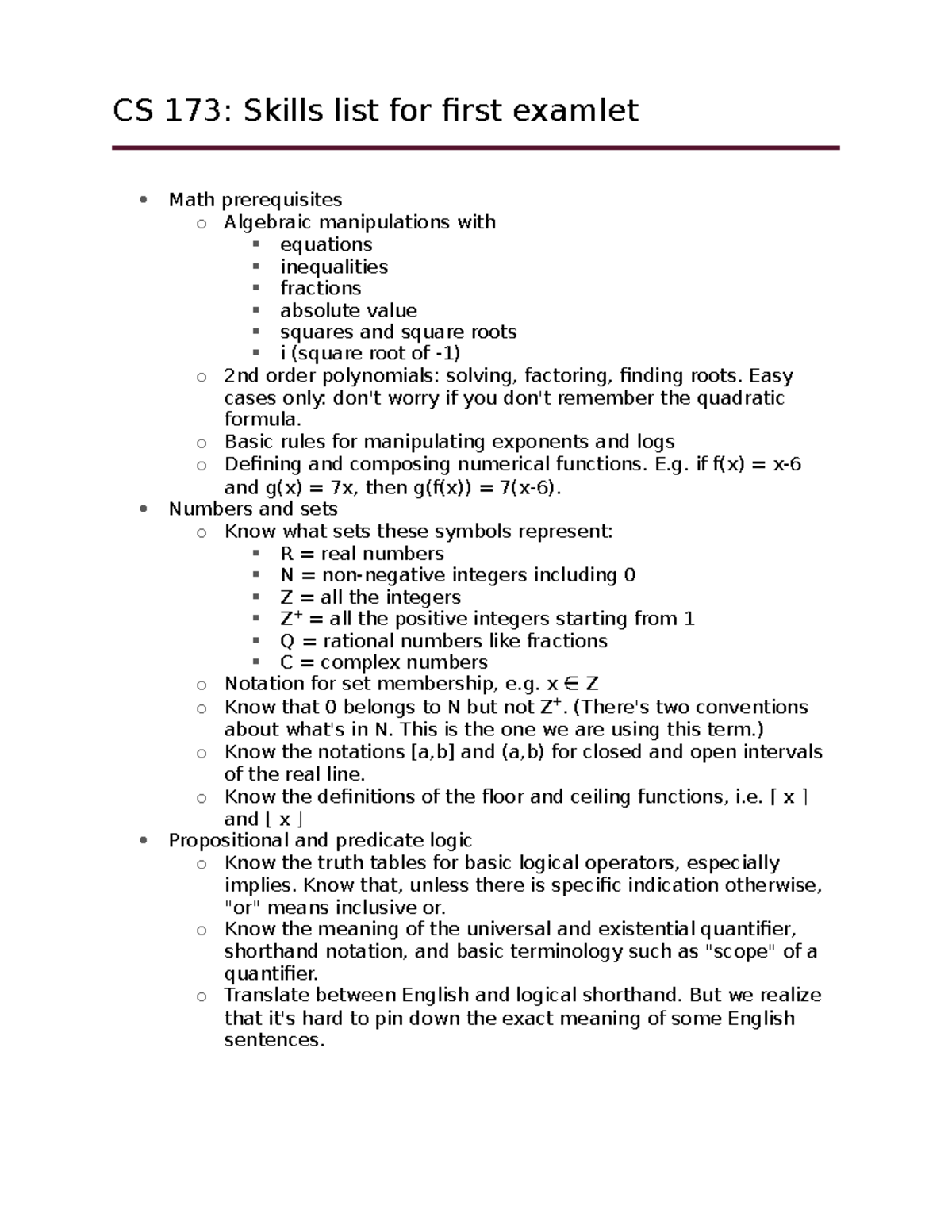 CS 173 - Examlet 1 Review - CS 173: Skills list for first examlet Math ...