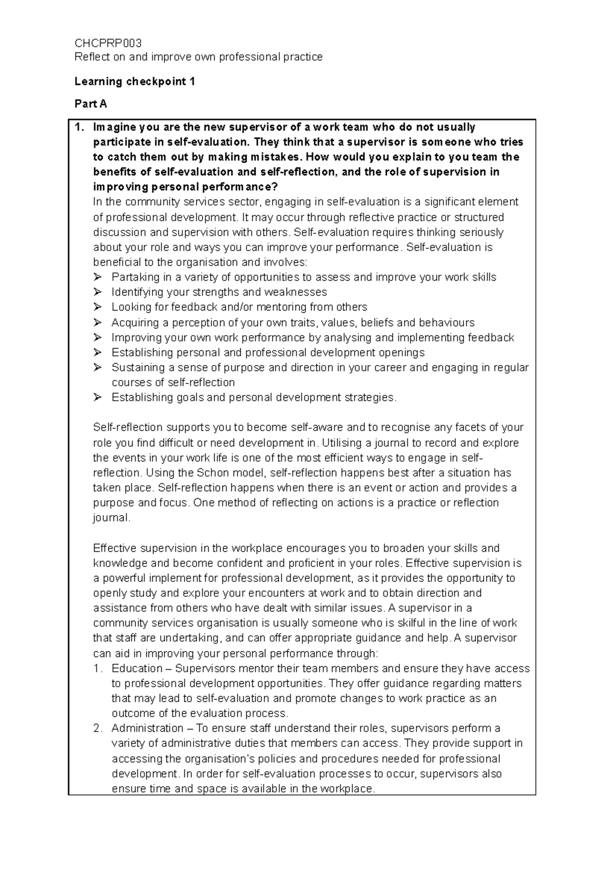 CHCPRP003 Learning checkpoint 1 - 3 - Reflect on and improve own ...