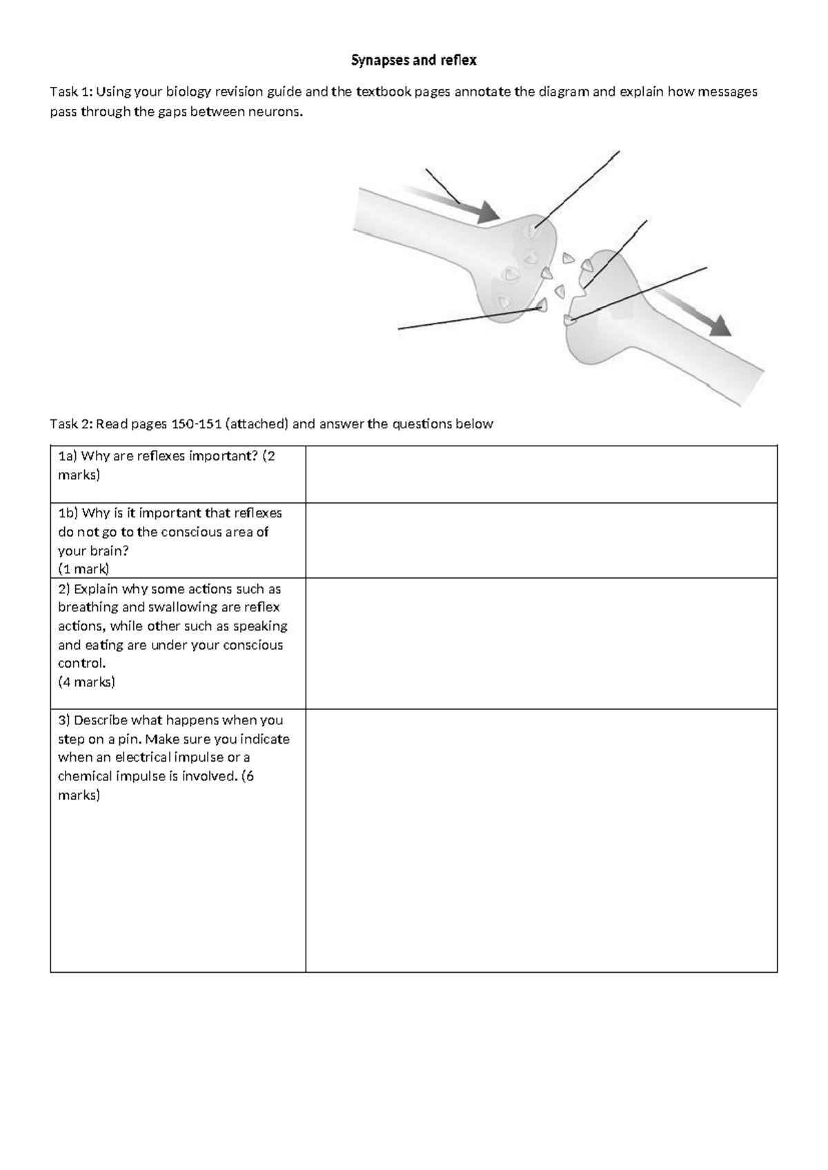Worksheet - Synapse Reflex arc - Synapses and reflex Task 1: Using your ...