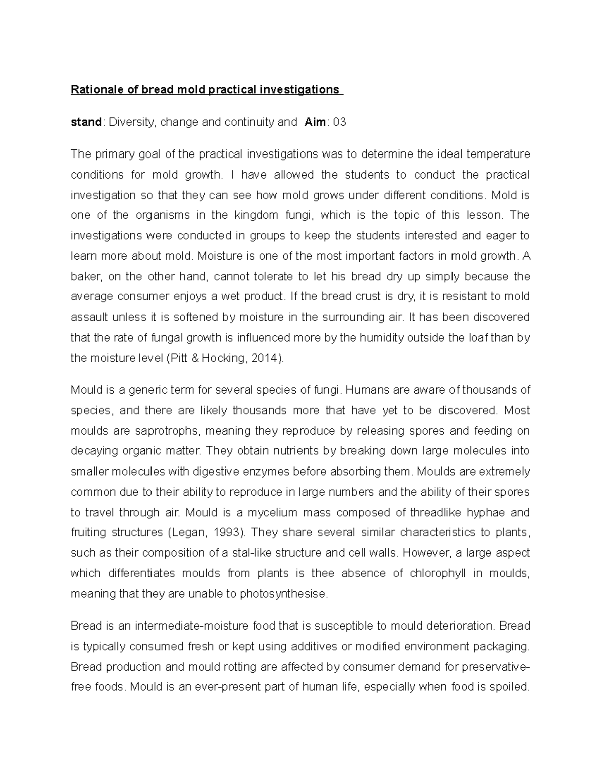 TLSF Rationale - Part of Assignment 1 - Rationale of bread mold ...