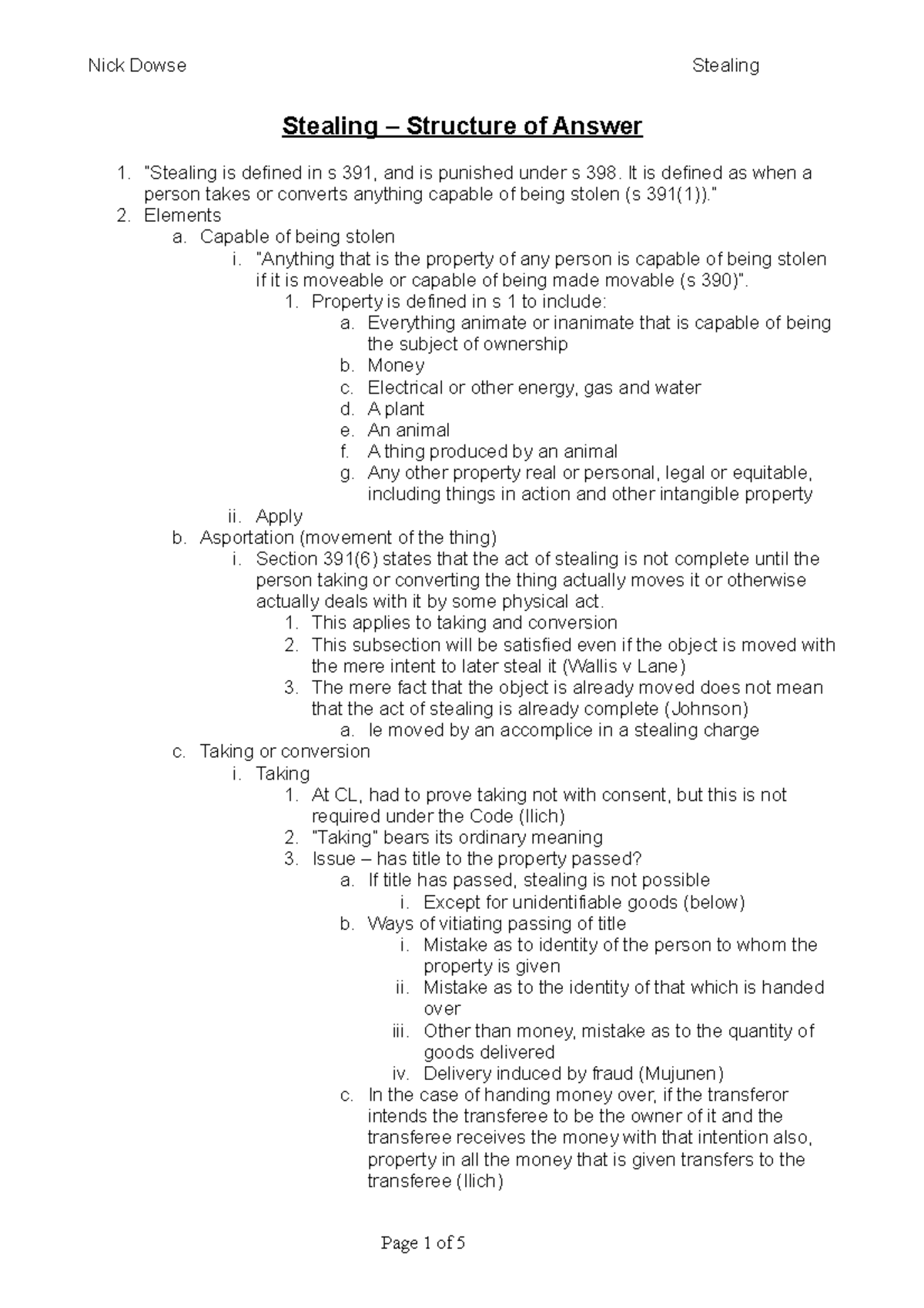 Stealing - ELEMENT NOTES - Stealing – Structure of Answer “Stealing is ...