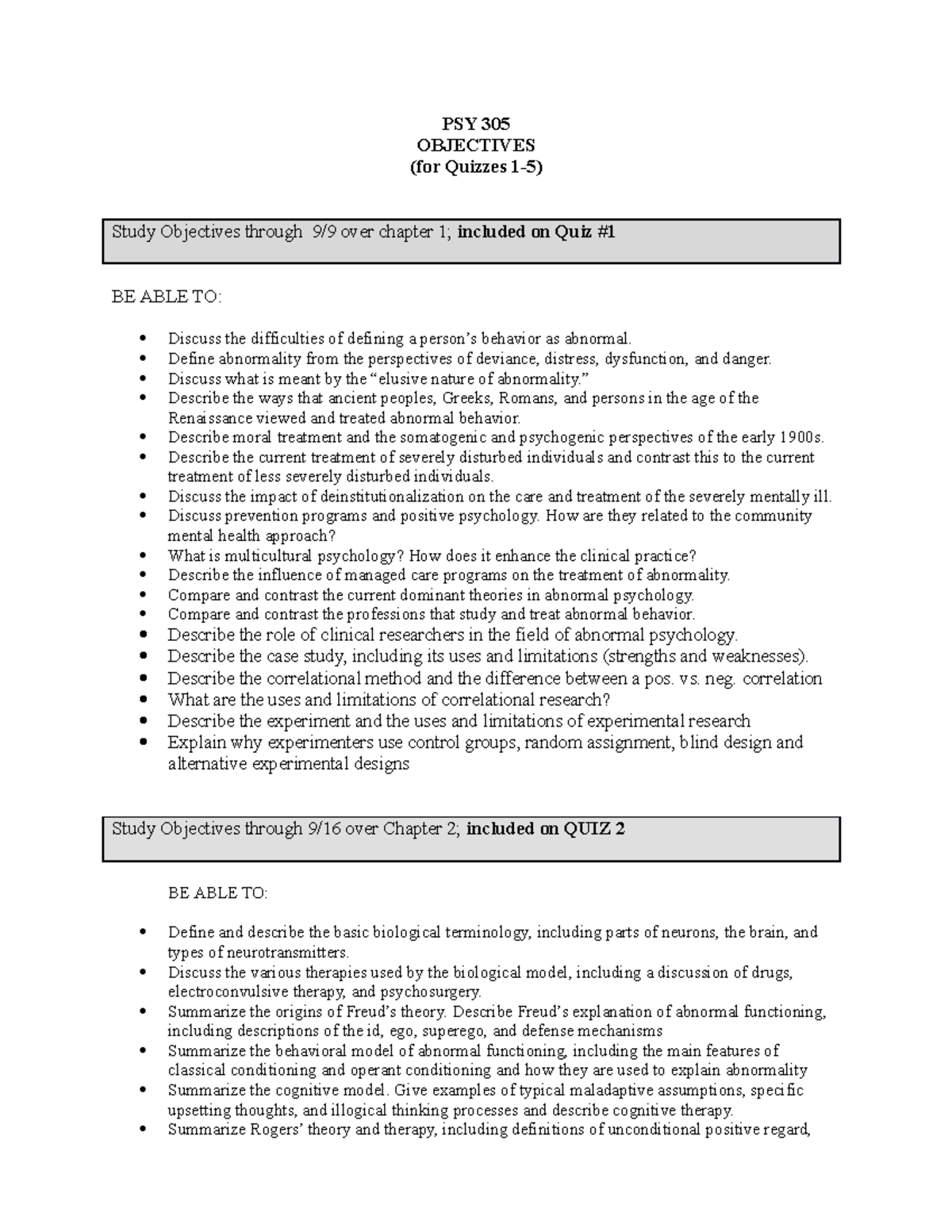 305 Objectives 1-5 fall 2022 - PSY 305 OBJECTIVES (for Quizzes 1-5 ...