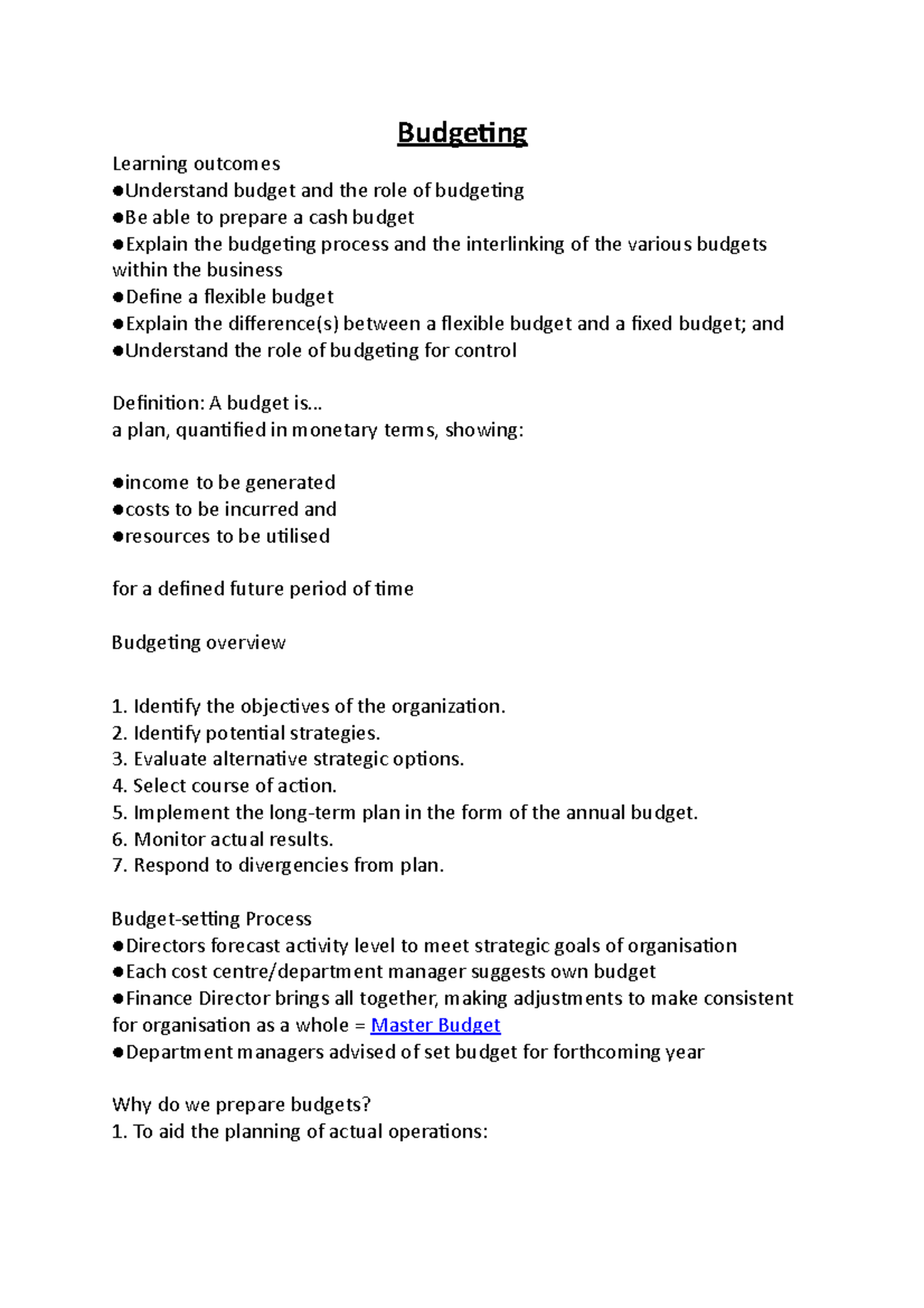 Introduction to Budgeting - Budgeting Learning outcomes Understand ...