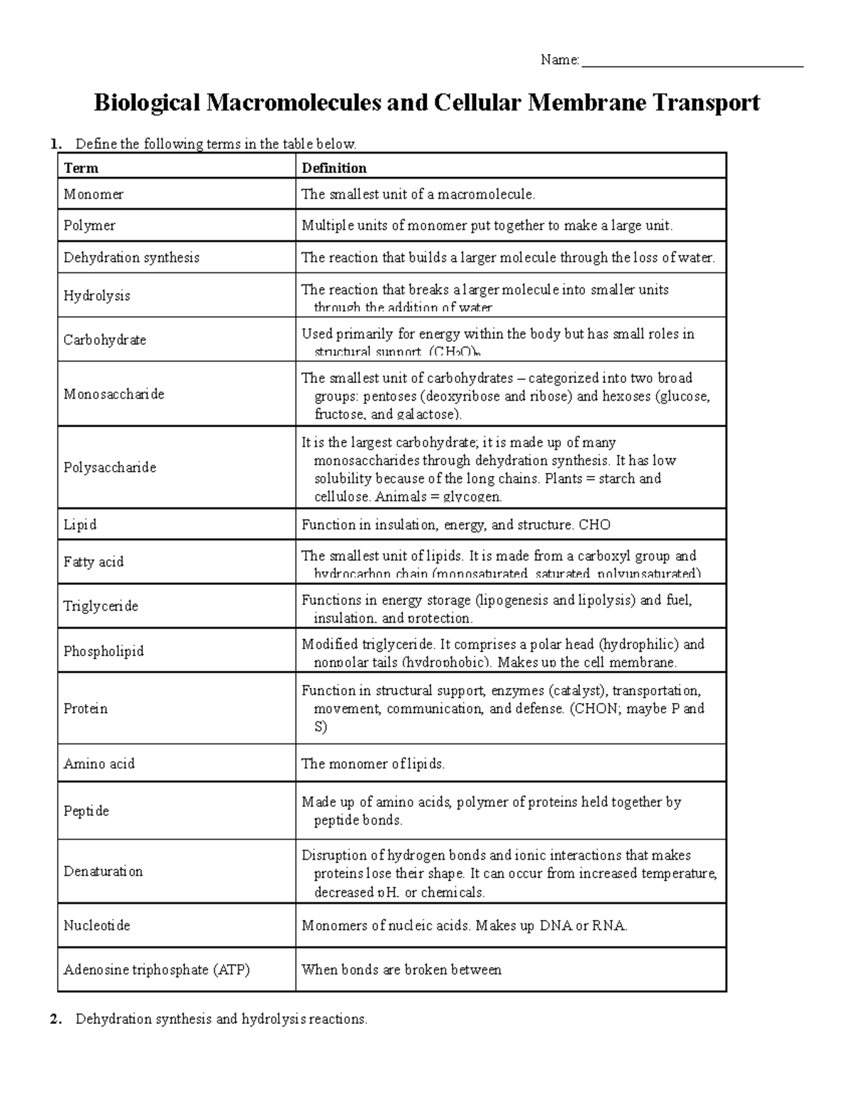 HSCI 101 Off Lab Assignment 2 Fall 2023 - Biological Macromolecules and ...