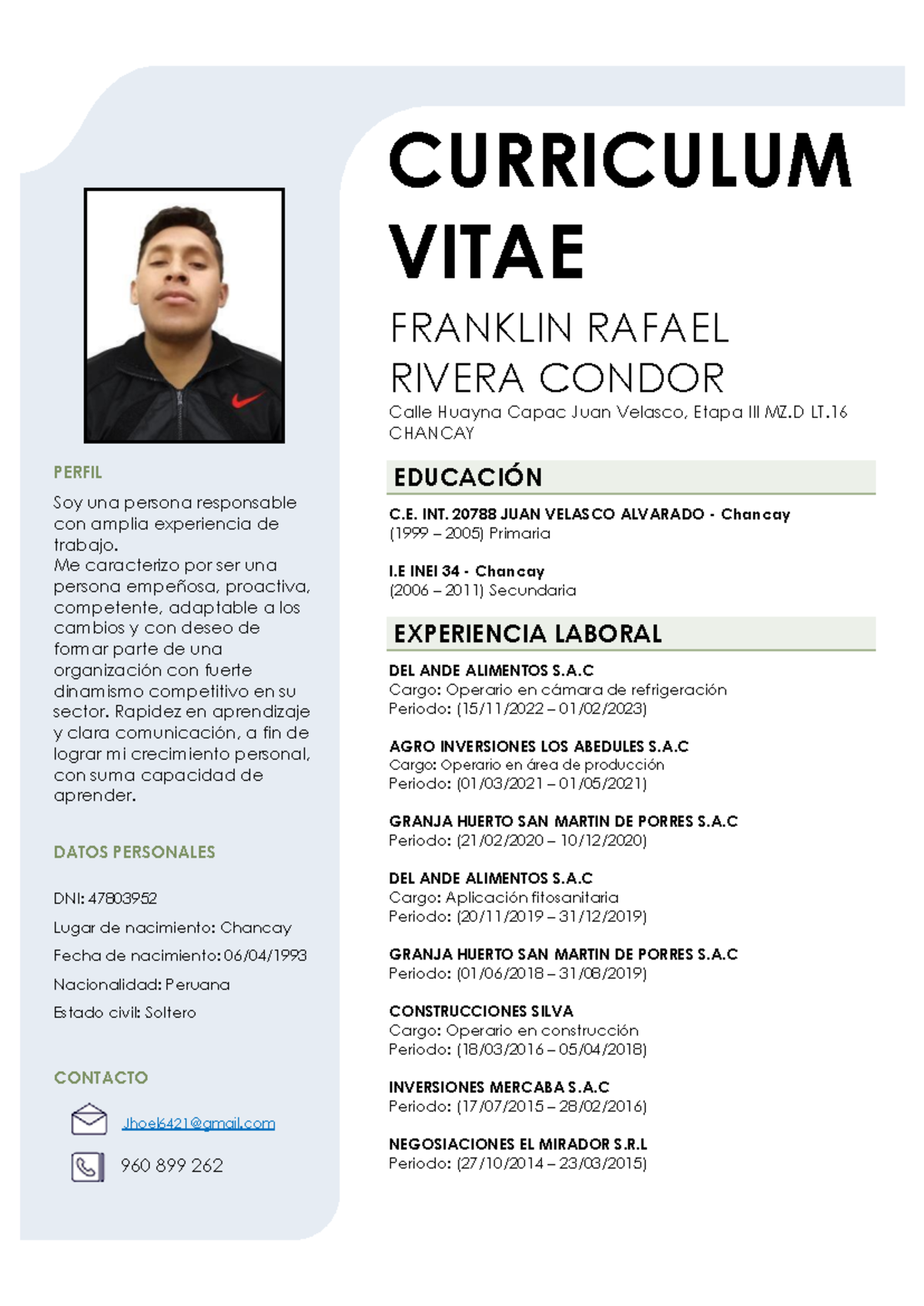 Curriculum Frank 2024 - Modelo de CV - FRANKLIN RAFAEL RIVERA CONDOR Calle Huayna Capac Juan ...