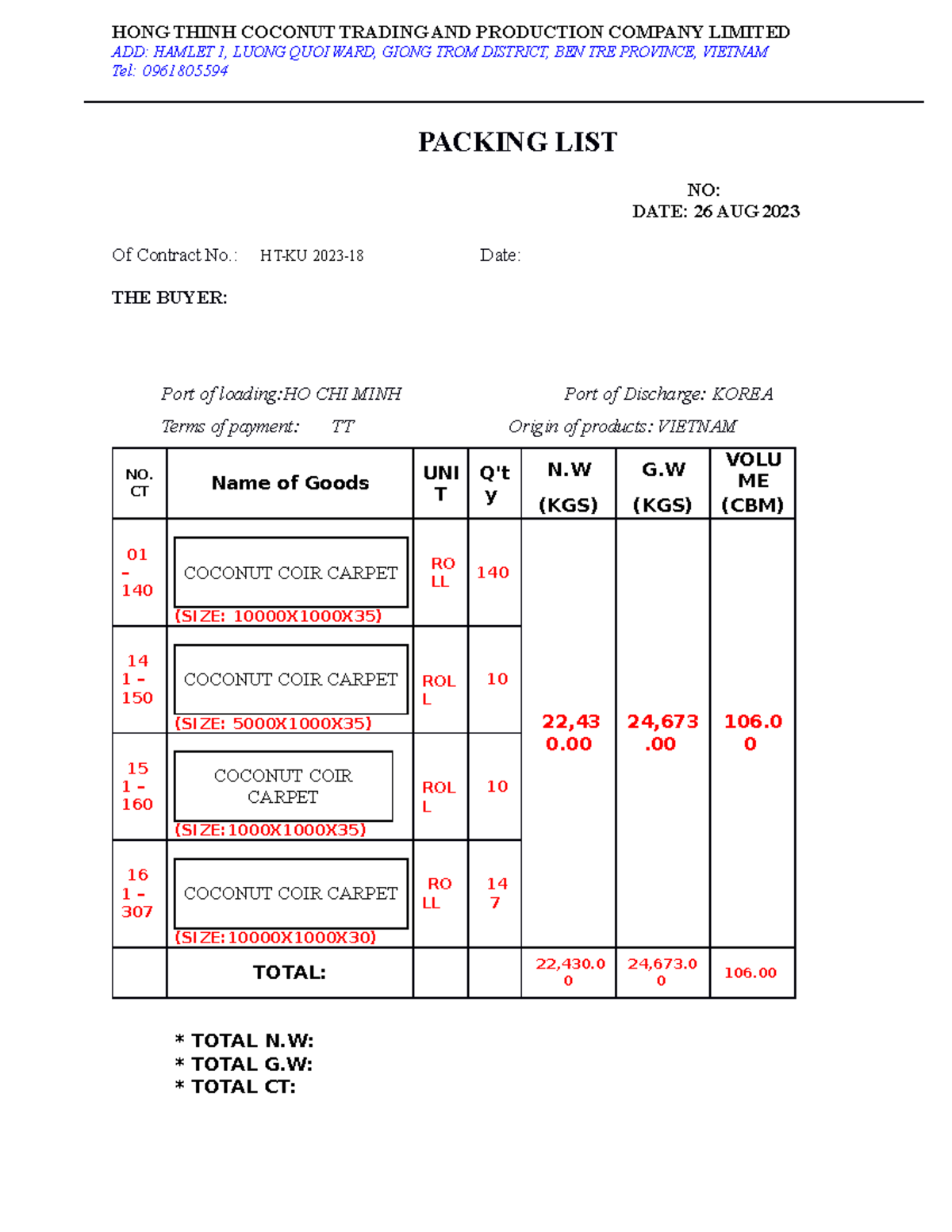 FILE THUC HANH INV-PAC - thực hành invoice packing list - HONG THINH COCONUT TRADING AND ...