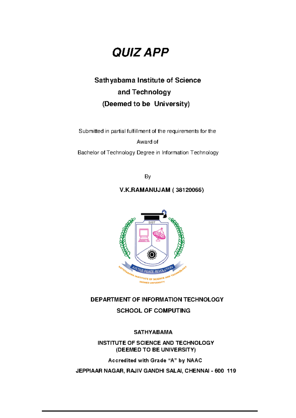 Notes for app development - QUIZ APP Sathyabama Institute of Science ...