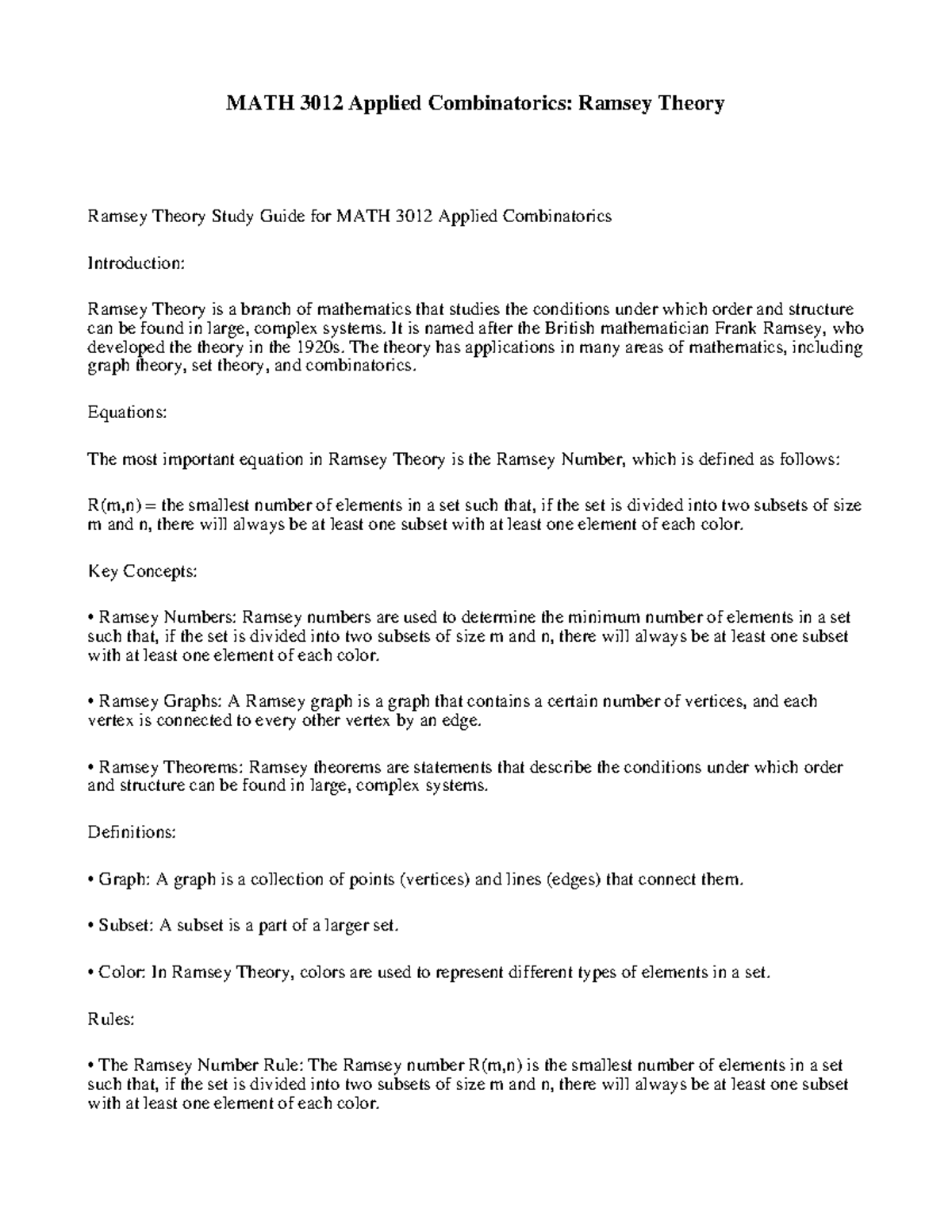 Math 3012 Applied Combinatorics Ramsey Theory Classnotes Math 3012 Applied Combinatorics