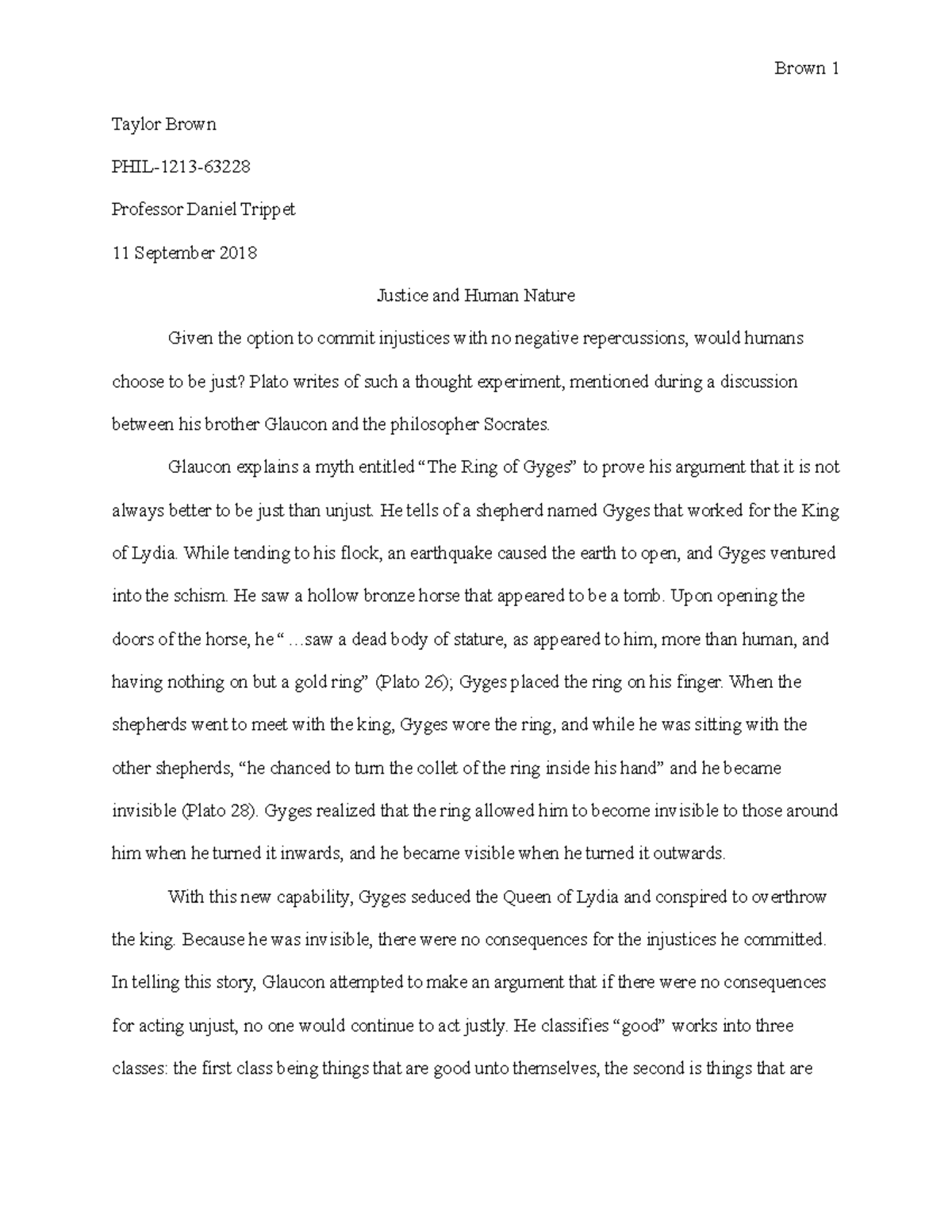 Writing assignment 1- Grade: 100, A+ - Brown 1 Taylor Brown PHIL-1213 ...