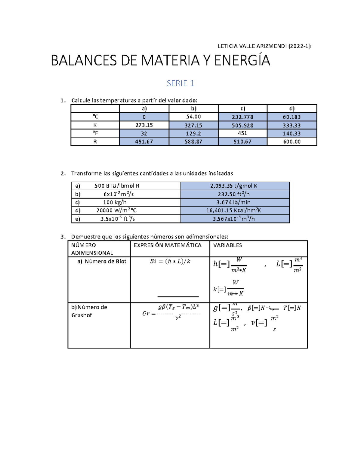 BME 222 Serie 1 - LETICIA VALLE ARIZMENDI (2022-1) BALANCES DE MATERIA Y ENERGÍA SERIE 1 Calcule ...