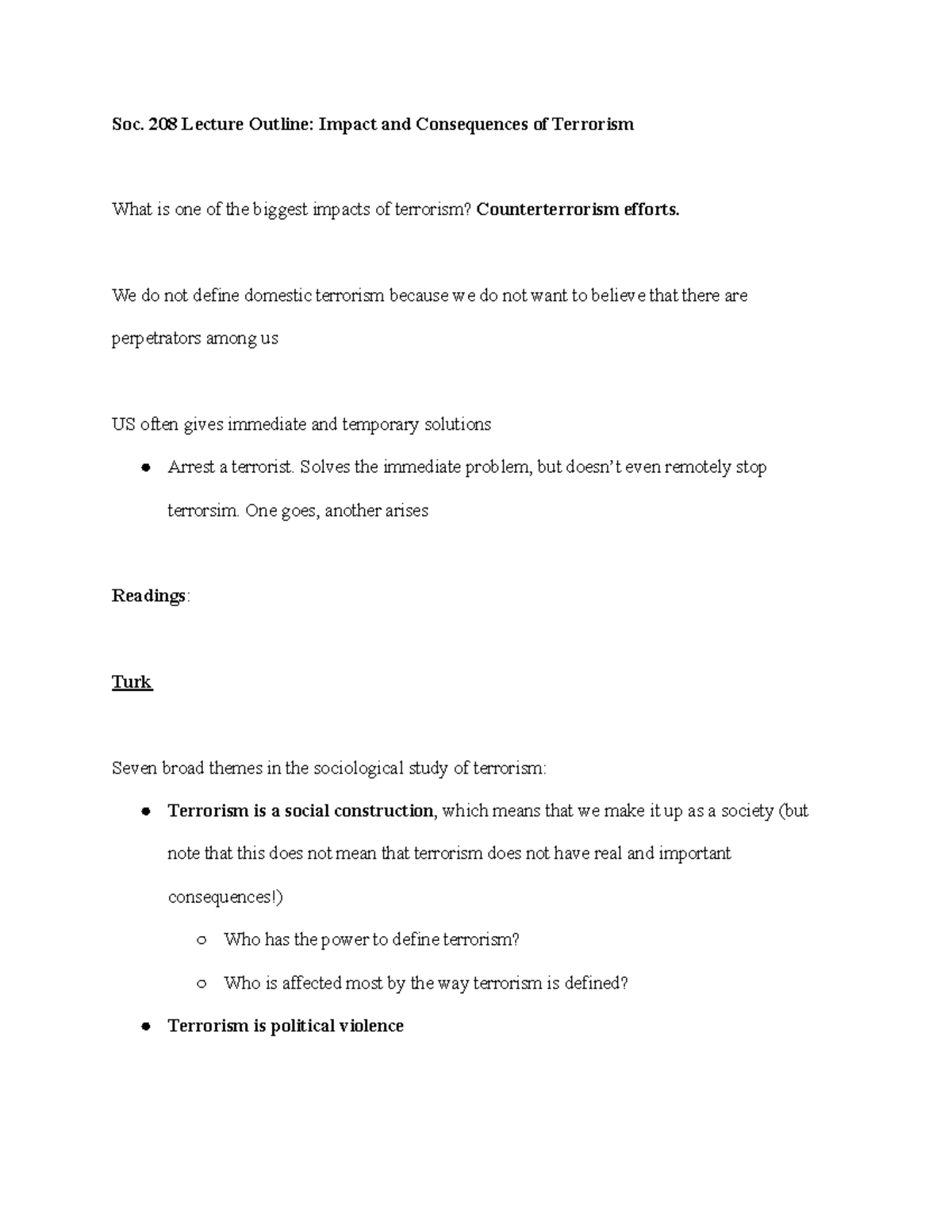 Impact and Consequences of Terrorism - Soc. 208 Lecture Outline: Impact ...