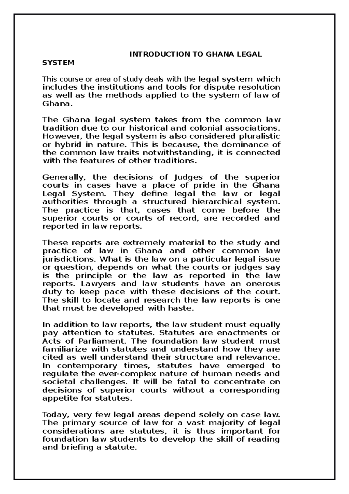 Introduction TO Ghana Legal System - INTRODUCTION TO GHANA LEGAL SYSTEM ...