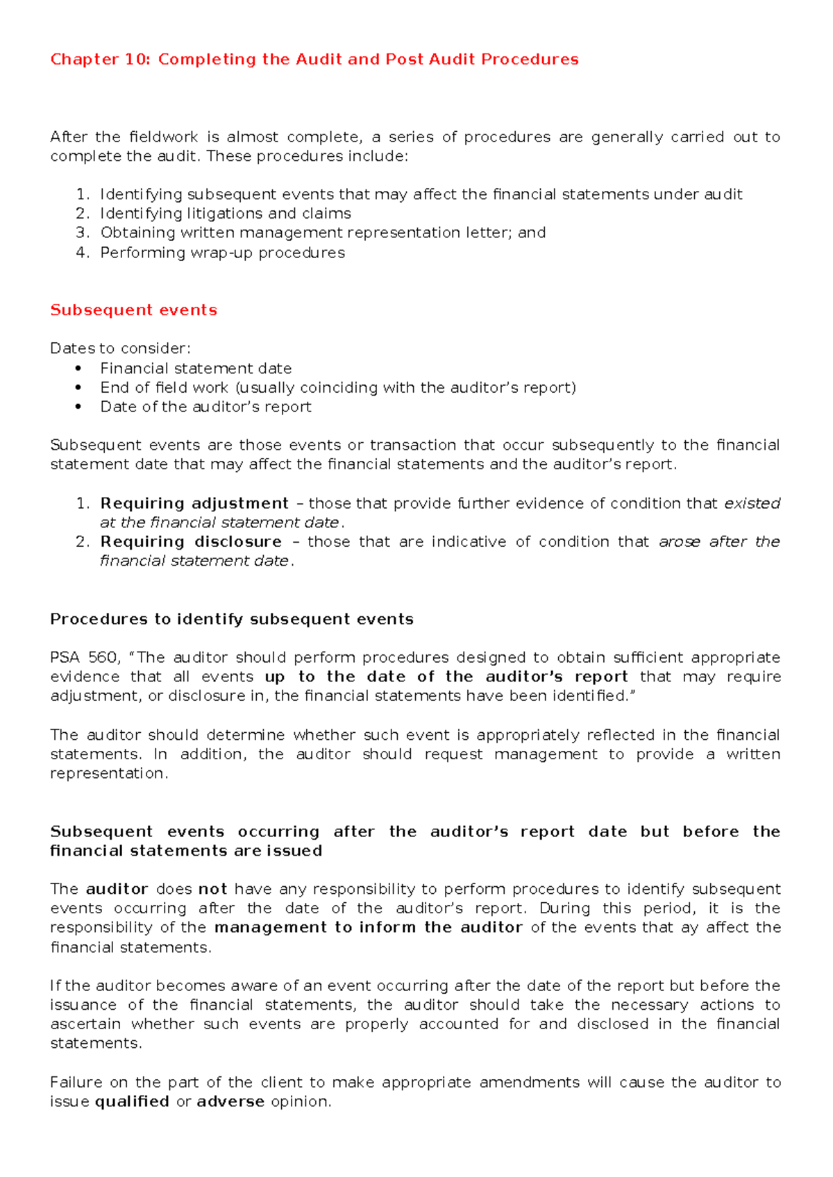 Auditing Lecture Notes - Chapter 10: Completing the Audit and Post ...