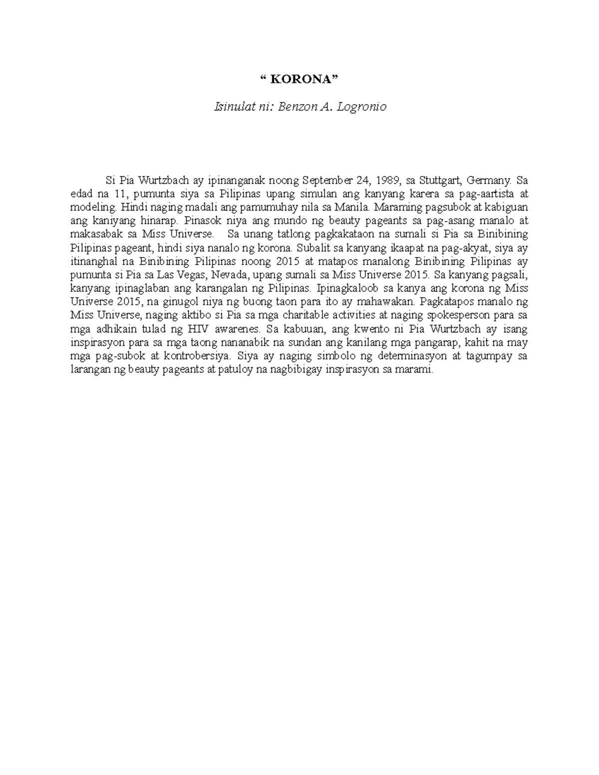 Sinopsis - Striving the best of my capability - “ KORONA” Isinulat ni ...