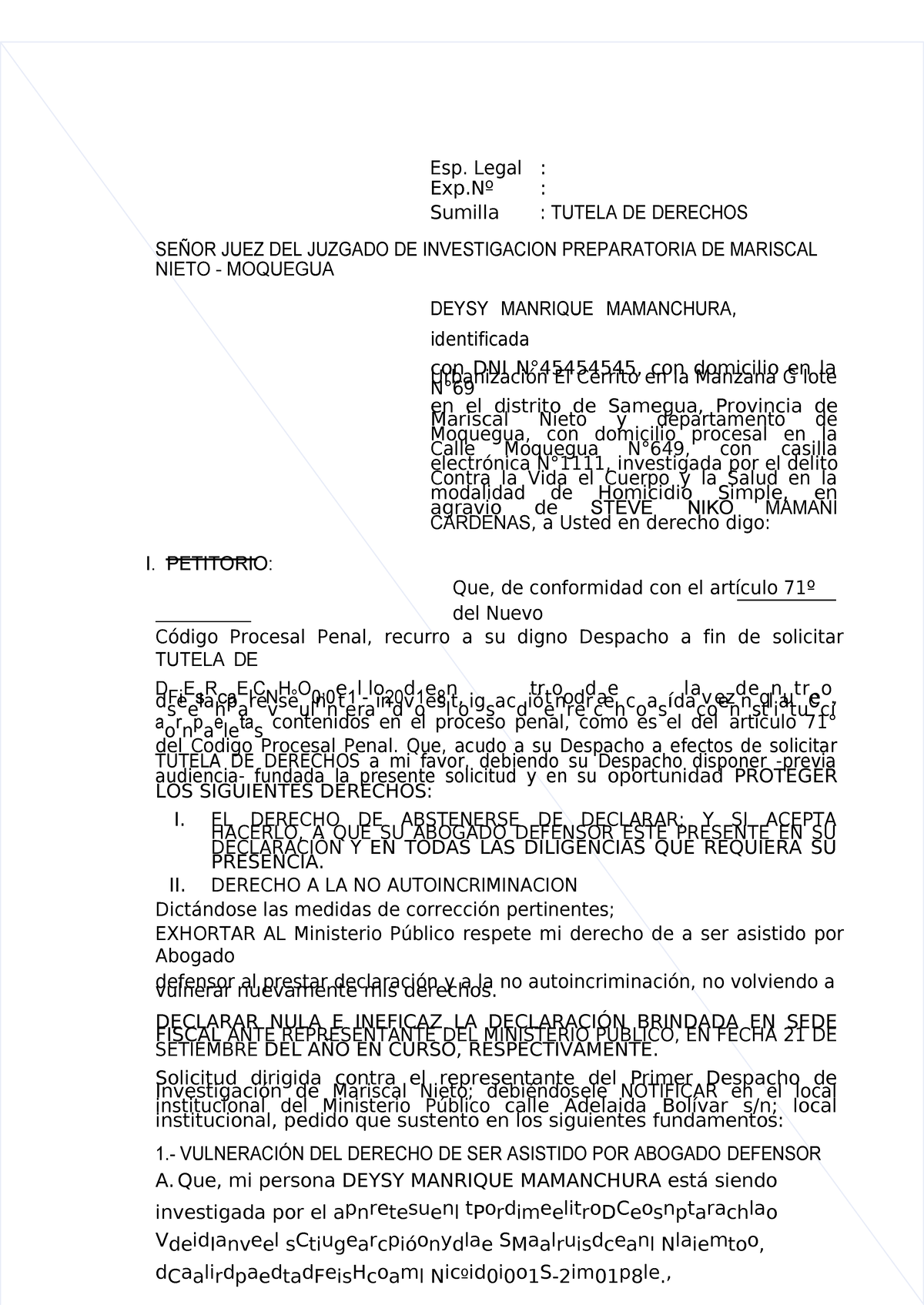 Pdf solicitud tutela de derechos - Esp. Legal : Expº : Sumilla : TUTELA ...