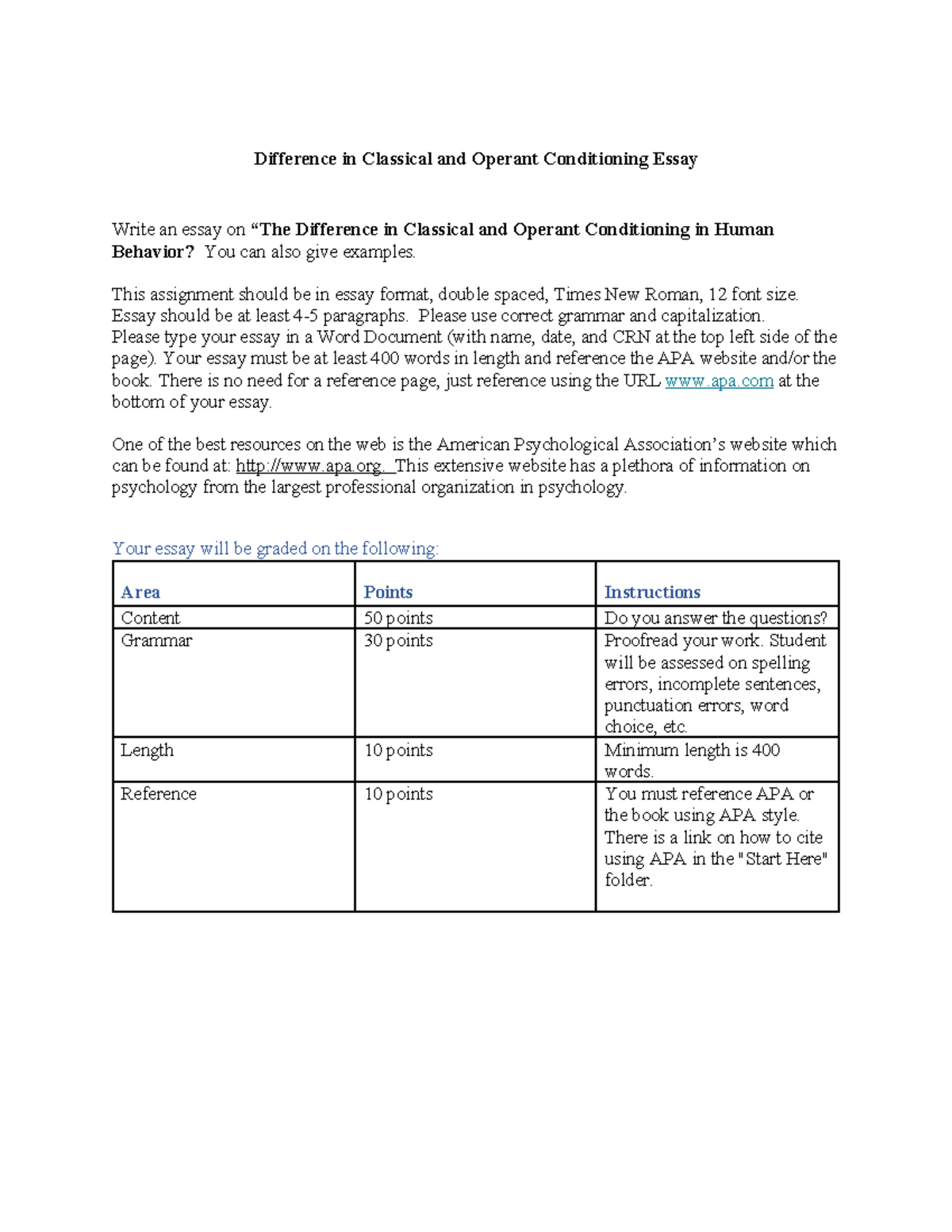 Essay Classical and Operant Conditioning - This assignment should be in ...