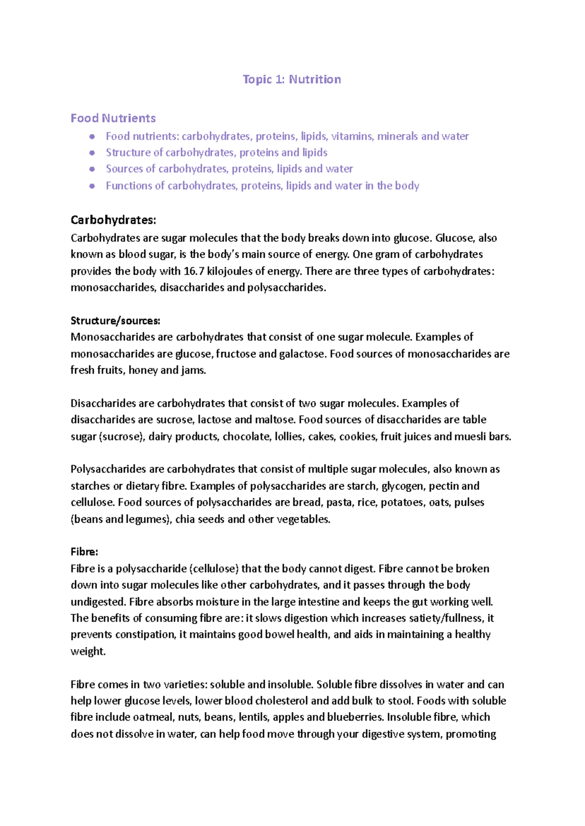 Year 11 Core 1 Food Technology Study Notes - Topic 1: Nutrition Food ...