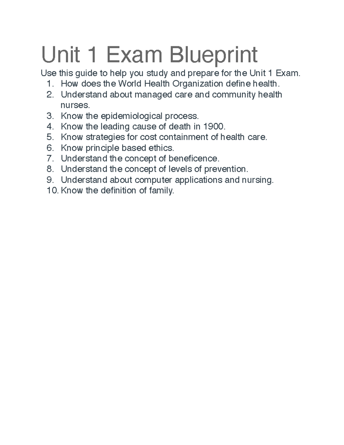 NUR4636C Exam 1 Blueprint - Unit 1 Exam Blueprint Use this guide to ...