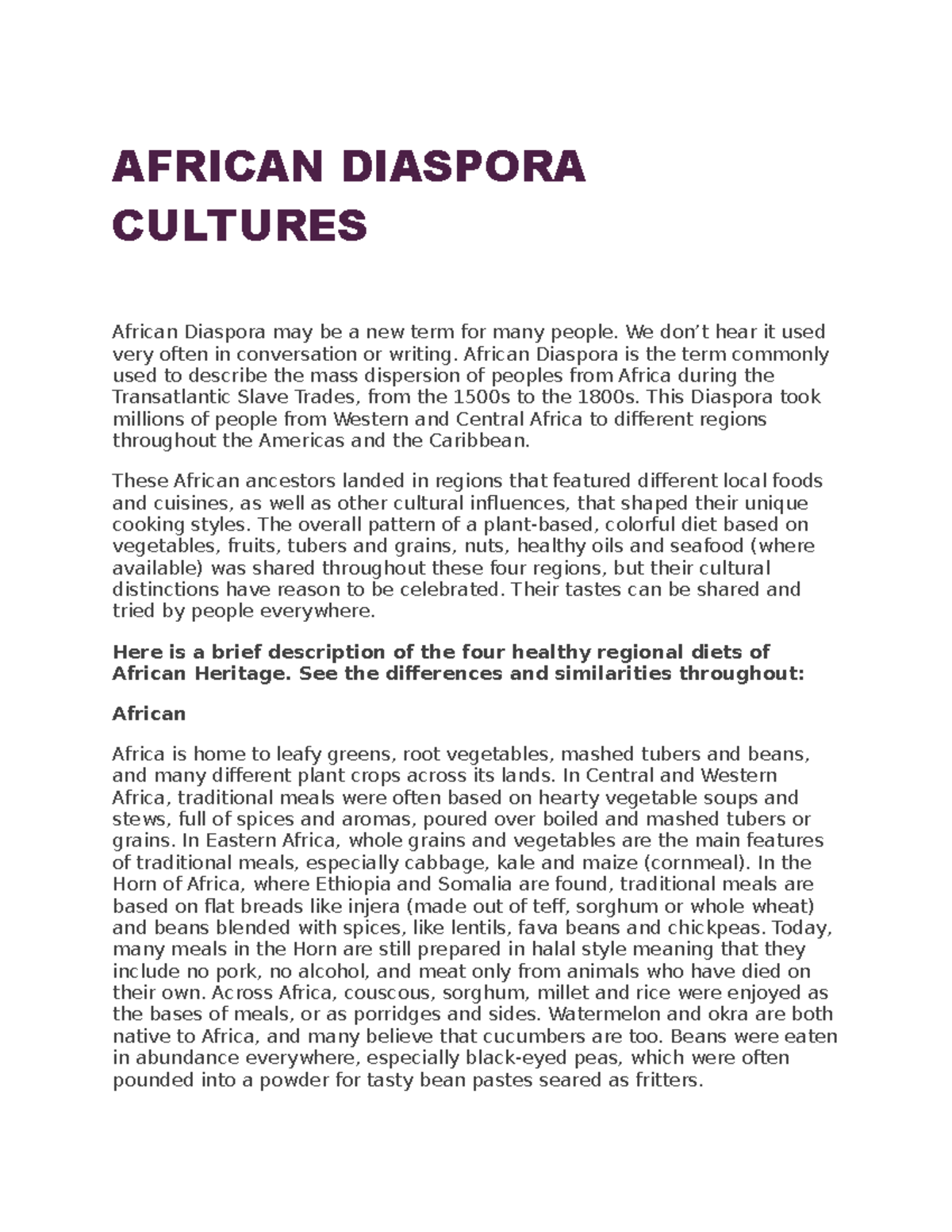 African Diaspora Cultures - AFRICAN DIASPORA CULTURES African Diaspora ...