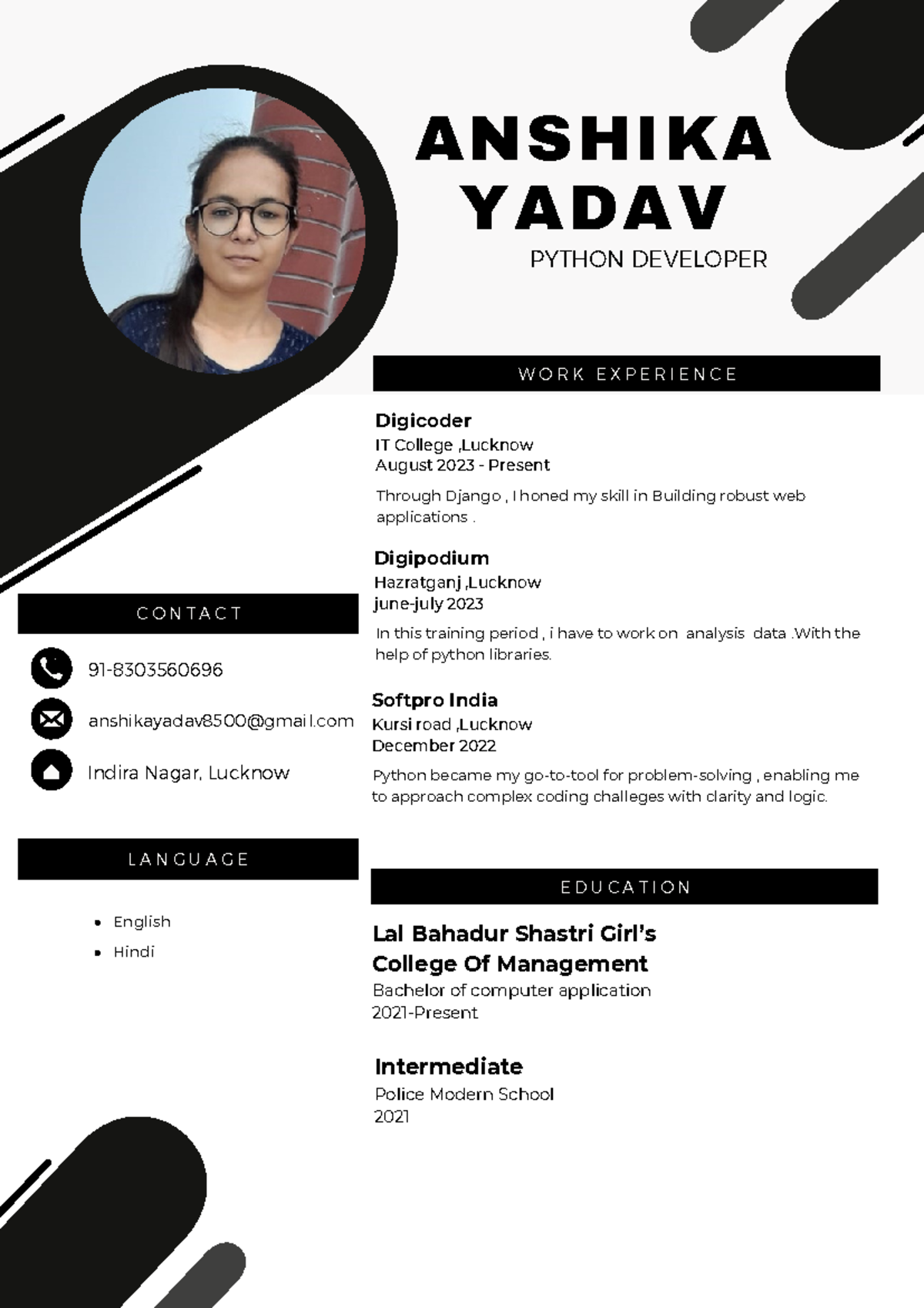 Anshika CV - ANSHIKA YADAV W O R K E X P E R I E N C E E D U C A T I O N C O N T A C T L A N G U ...