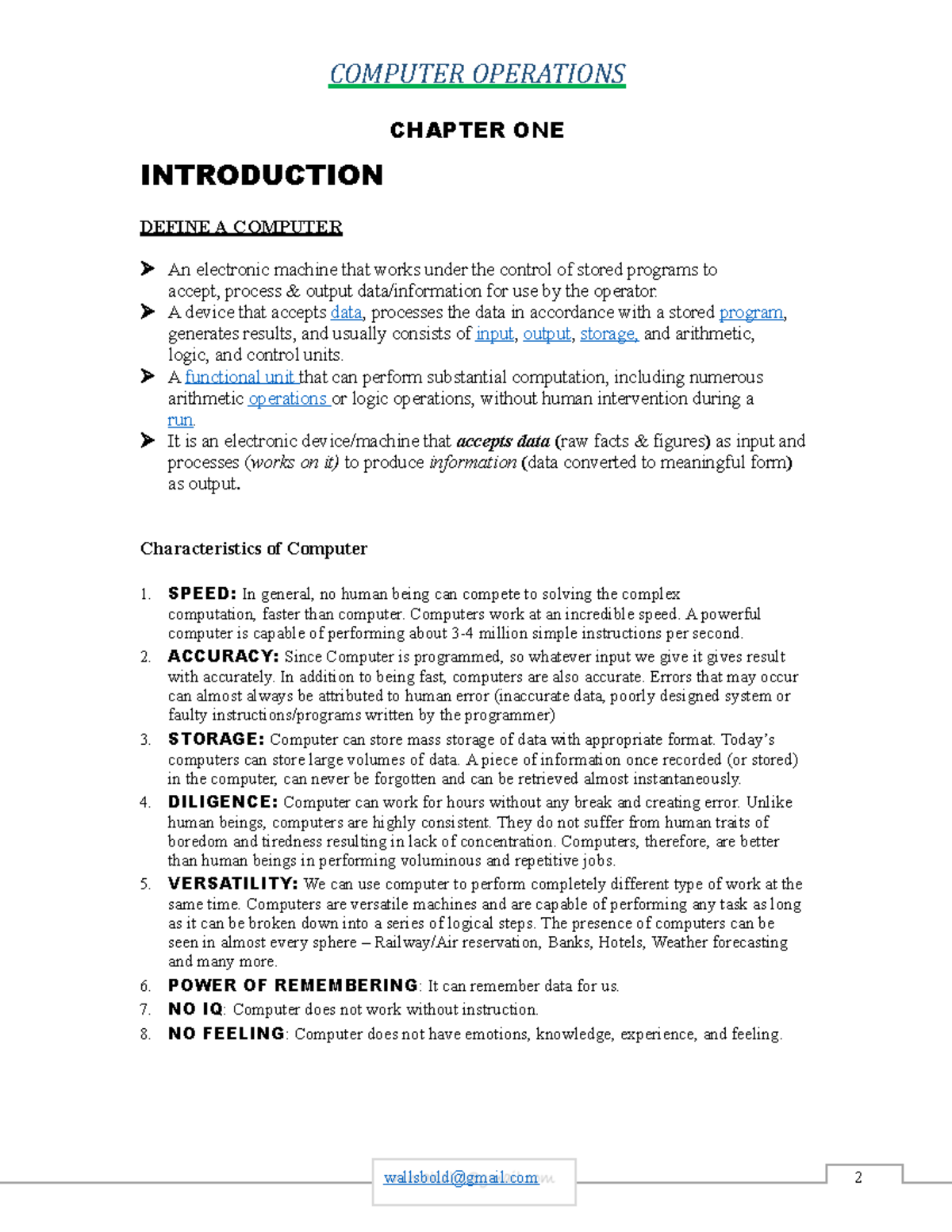 Computer Operations Chapter One Introduction Define A Computer An Electronic Machine That