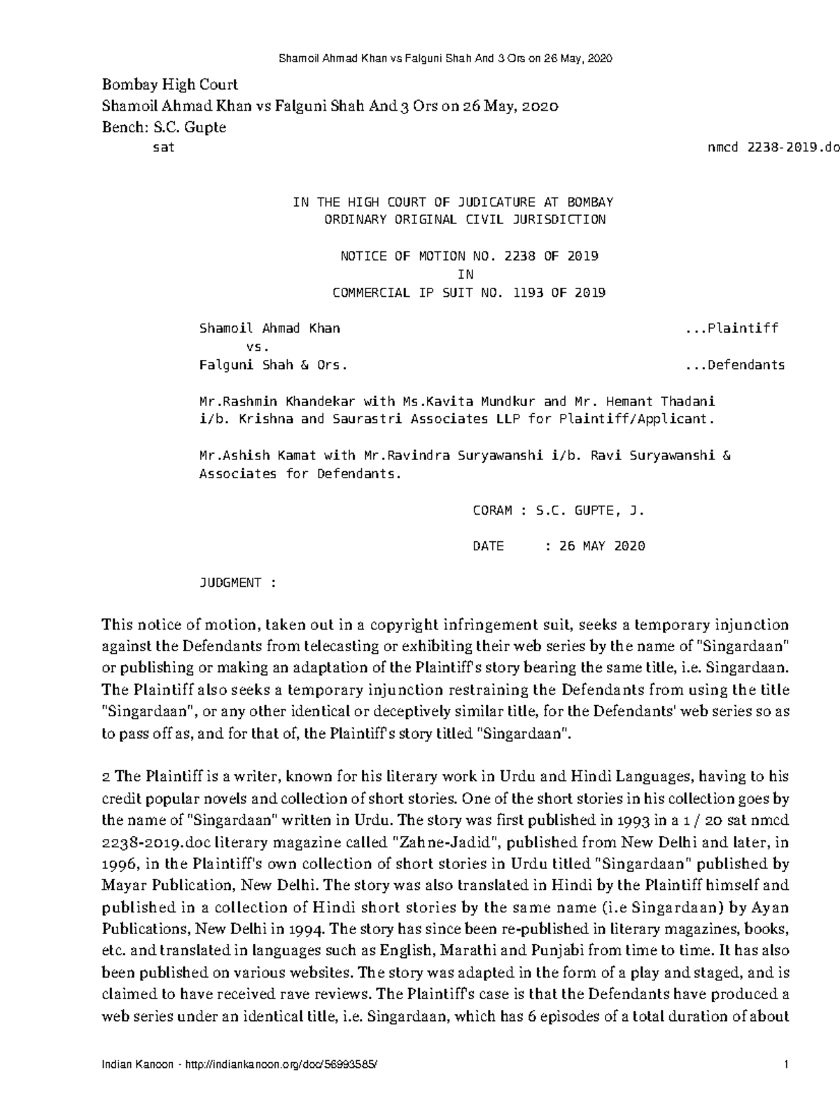 Shamoil Ahmad Khan vs Falguni Shah And 3 Ors on 26 May 2020 - Bombay ...