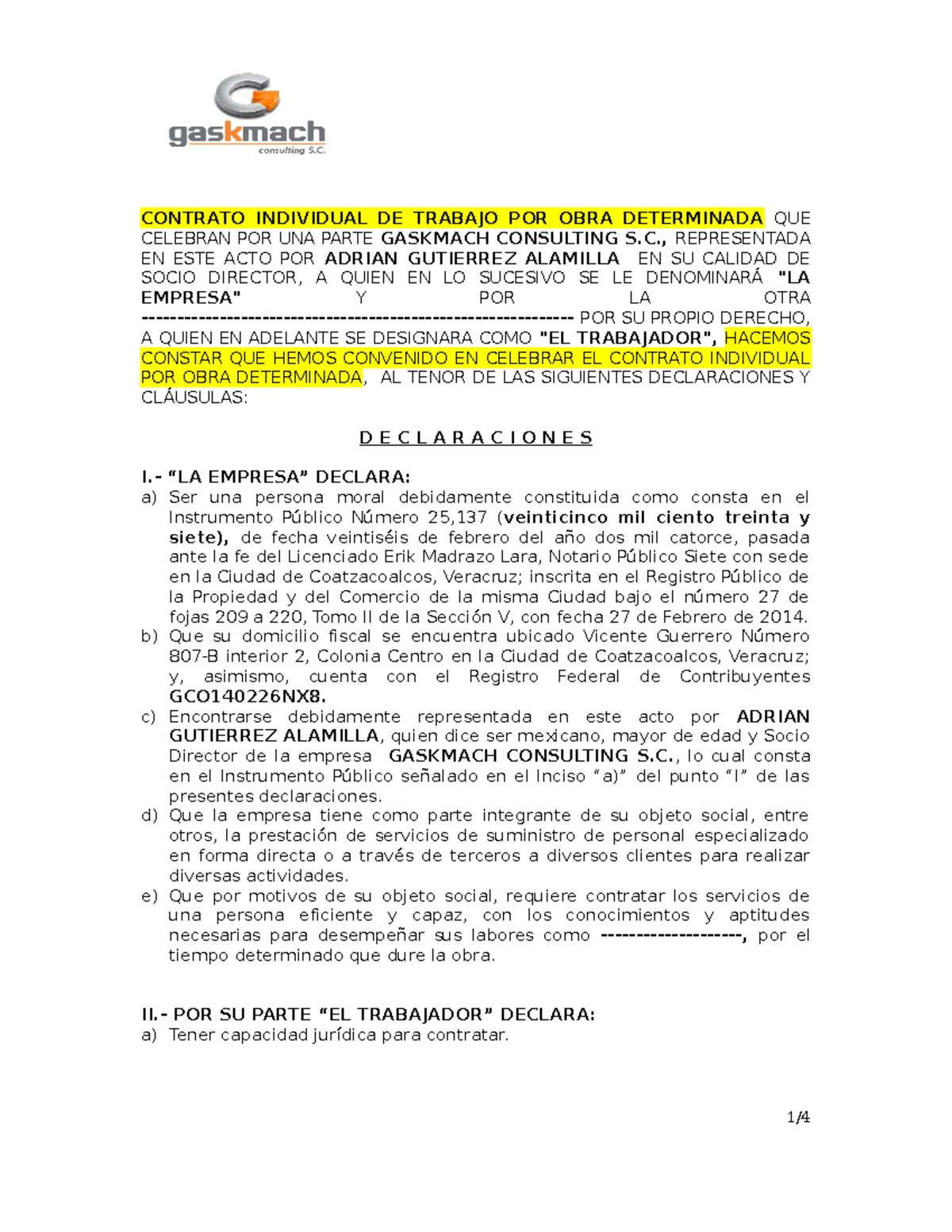 Contrato POR OBRA Determinada - CONTRATO INDIVIDUAL DE TRABAJO POR OBRA DETERMINADA QUE CELEBRAN ...