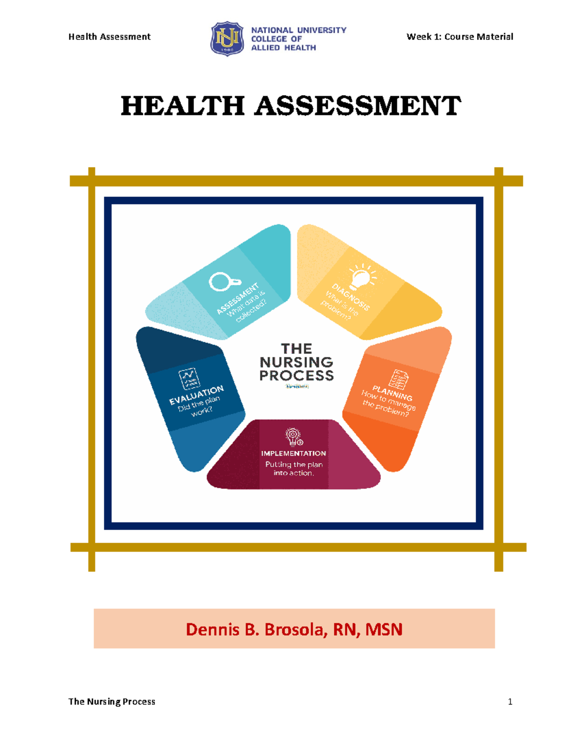 The Nusing Process - Lecture notes 1 - HEALTH ASSESSMENT Dennis B ...