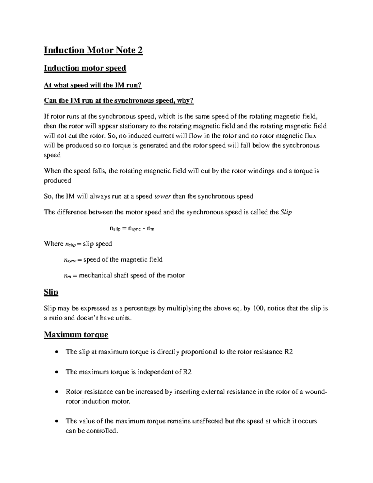 Induction Motor Notes 2 - Basic Electrical Engineering - EE 1003 ...