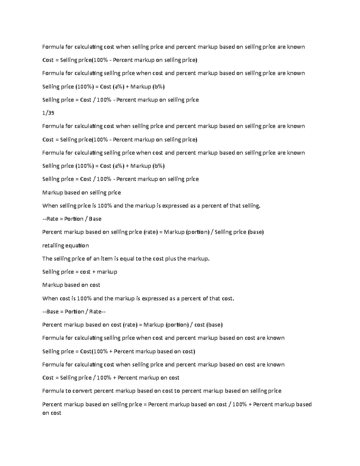 Business Math - study aide - Formula for calculating cost when selling ...