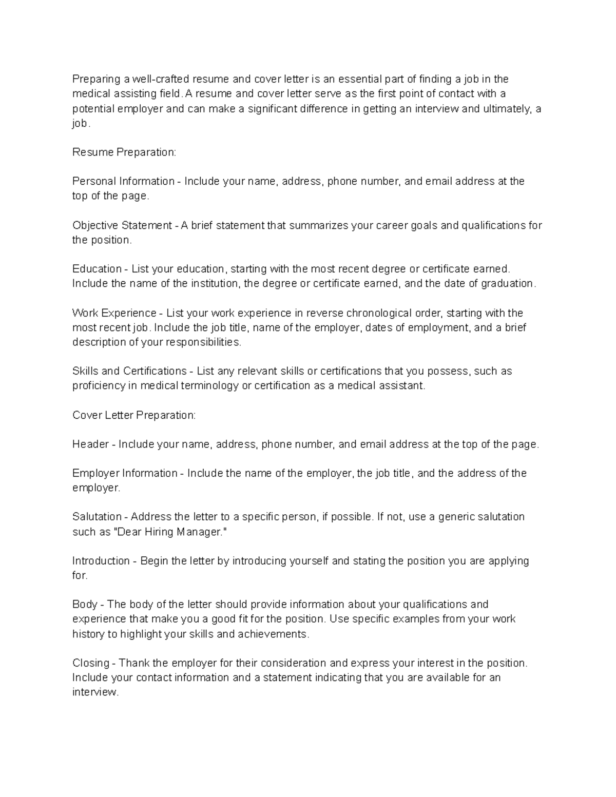 Resume and Cover Letter Preparation Notes - Preparing a well-crafted ...