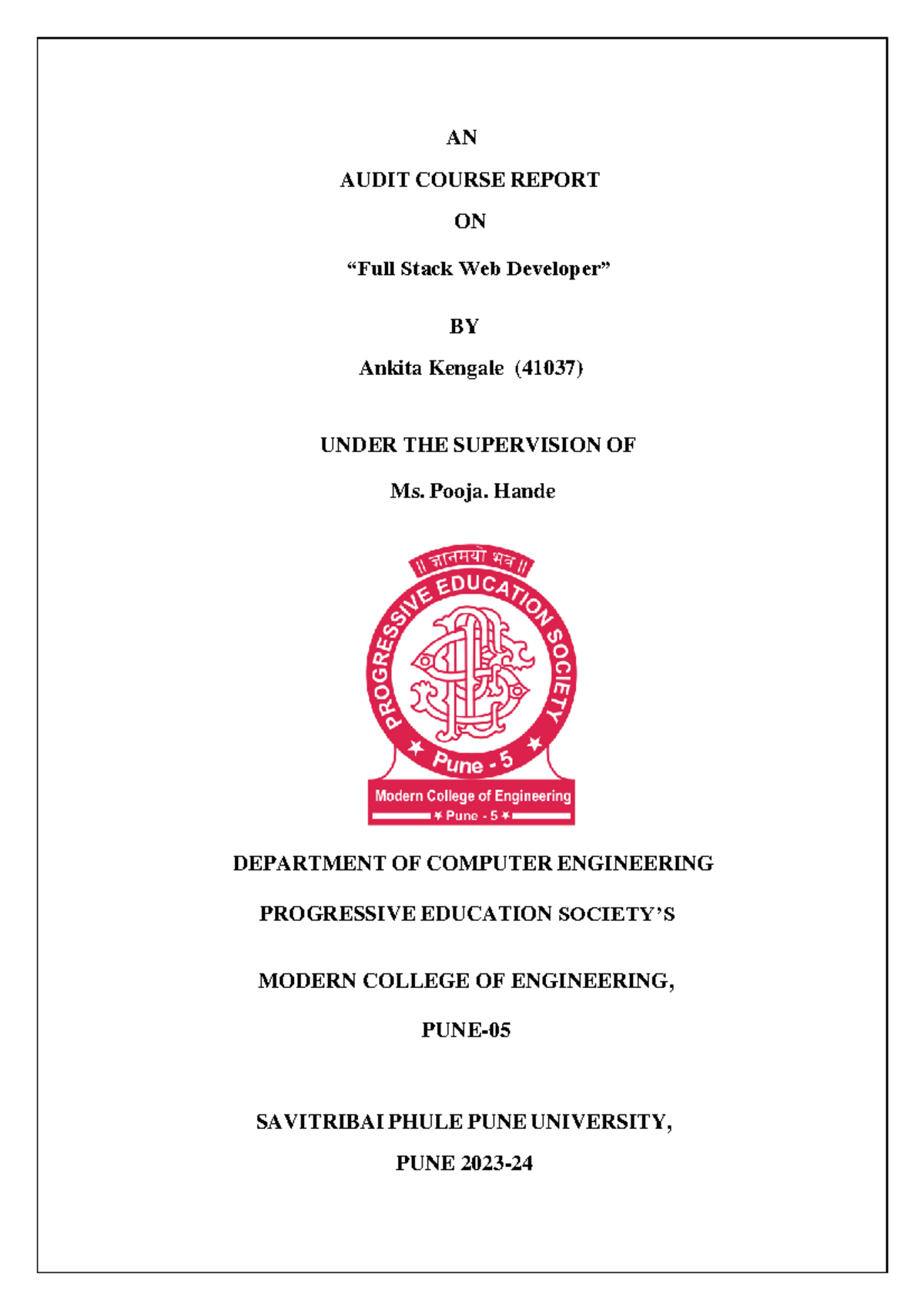 AC 8 - This is helpful - AN AUDIT COURSE REPORT ON “Full Stack Web ...