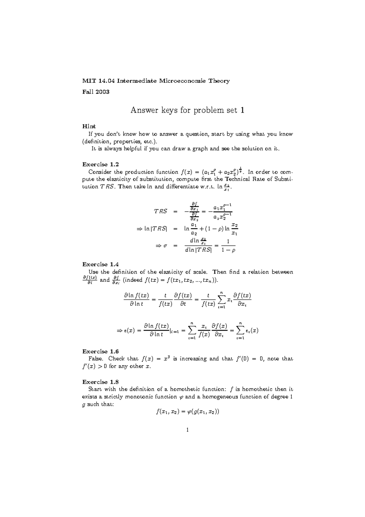 Ans1 - Problem Set 1 - MIT 14 Intermediate Microeconomie Theory Fall ...
