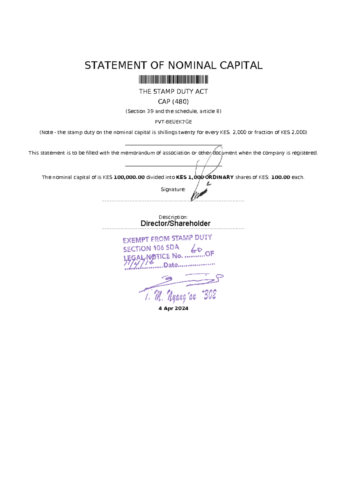 PVT- Beuek 7GE- Statement OF Nominal Capital - STATEMENT OF NOMINAL ...