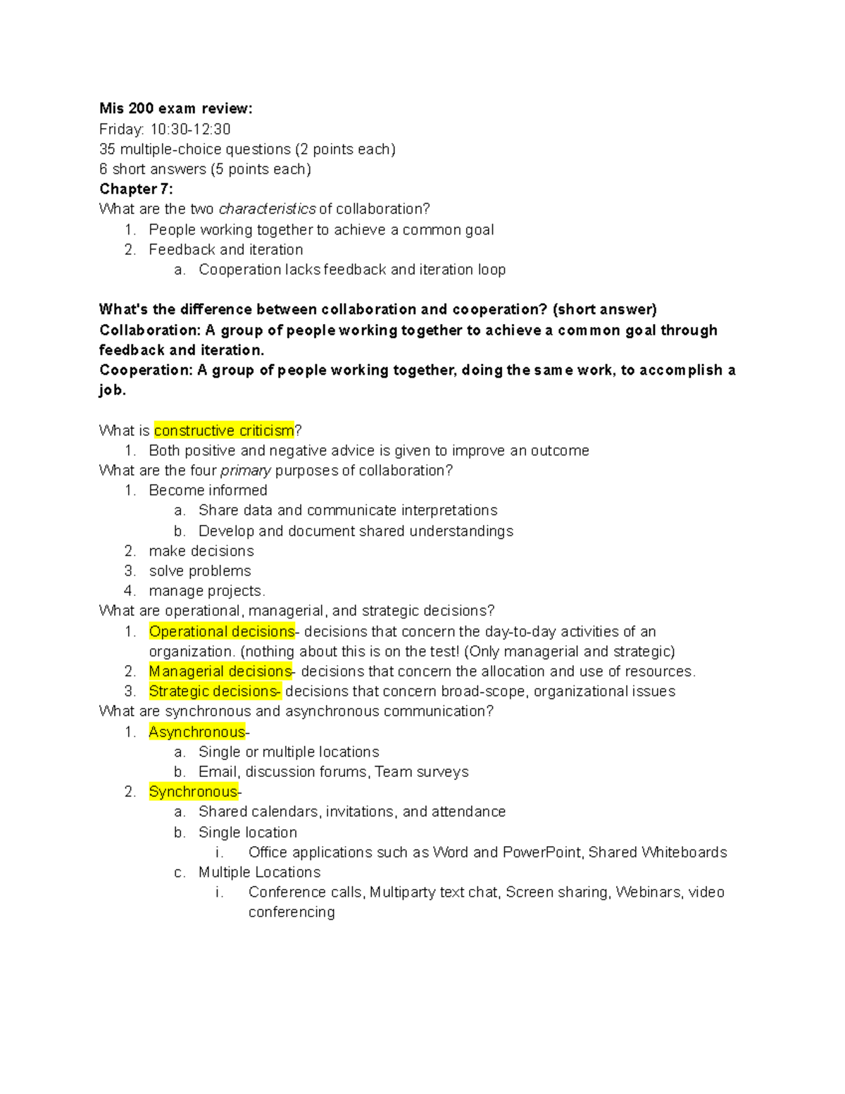 Mis 200 exam review - Mis 200 exam review: Friday: 10:30-12: 35 ...