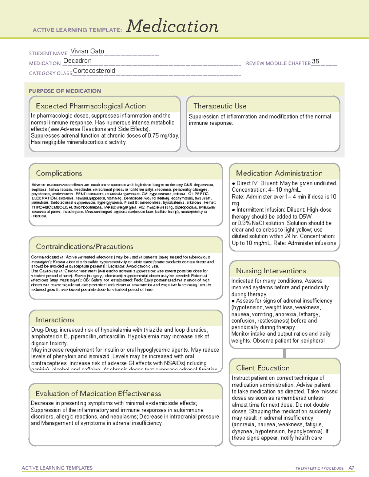 Decadron Drug Sheet 1 decribes detail about this drug - ACTIVE LEARNING ...